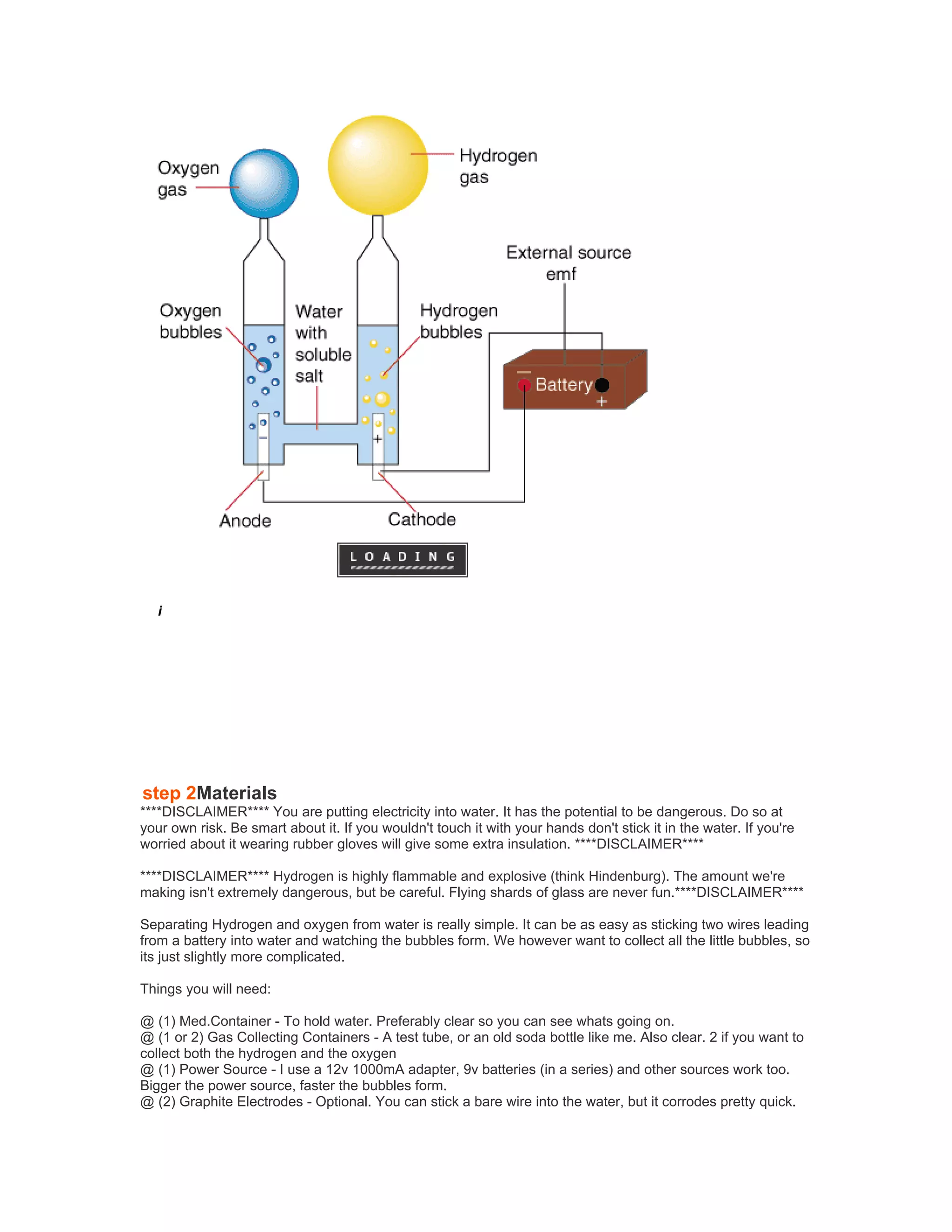 Intro separate hydrogen and oxygen from water through electrolysis | DOC