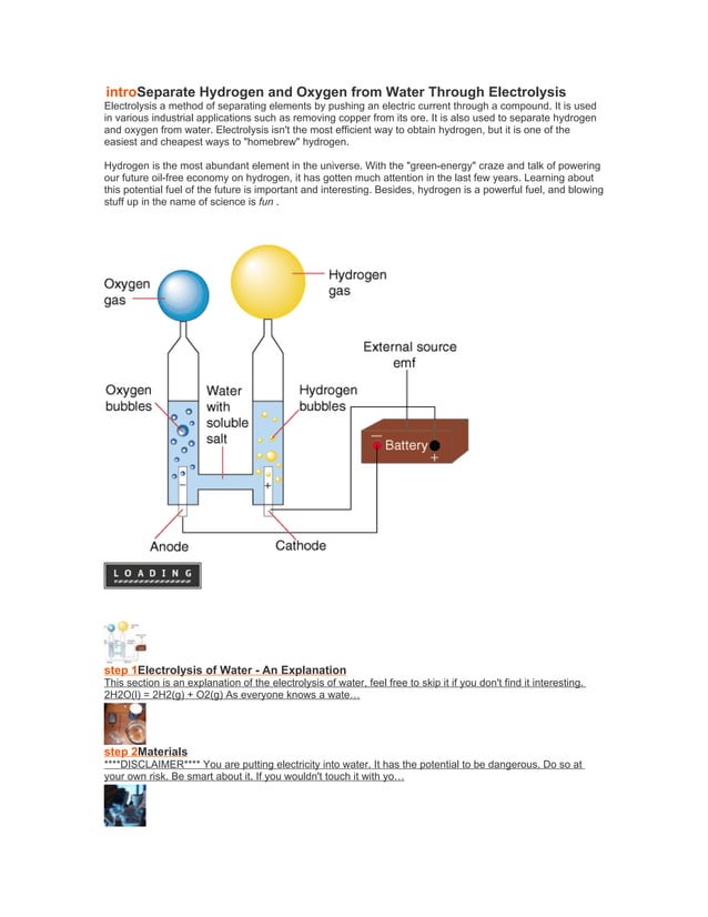 Intro separate hydrogen and oxygen from water through electrolysis | DOC
