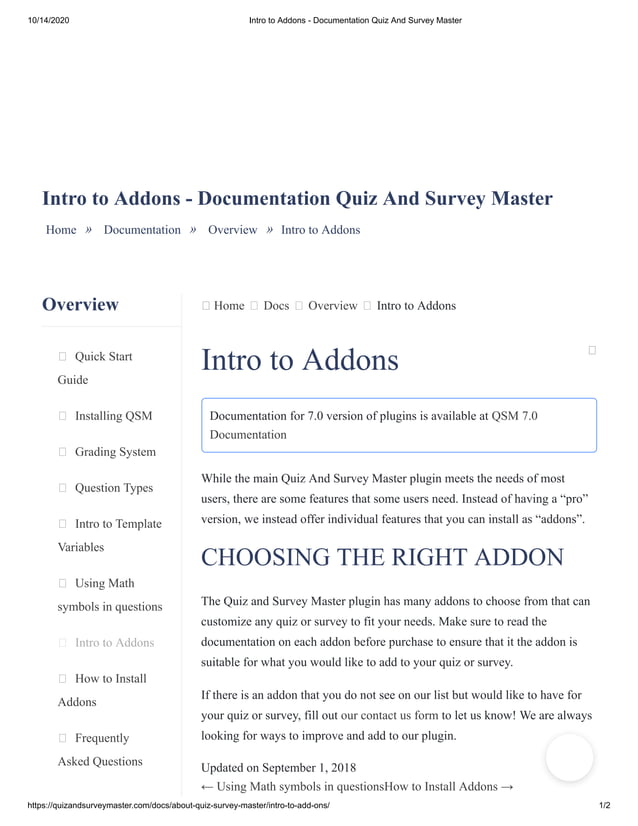 Intro to addons documentation quiz and survey master | PDF