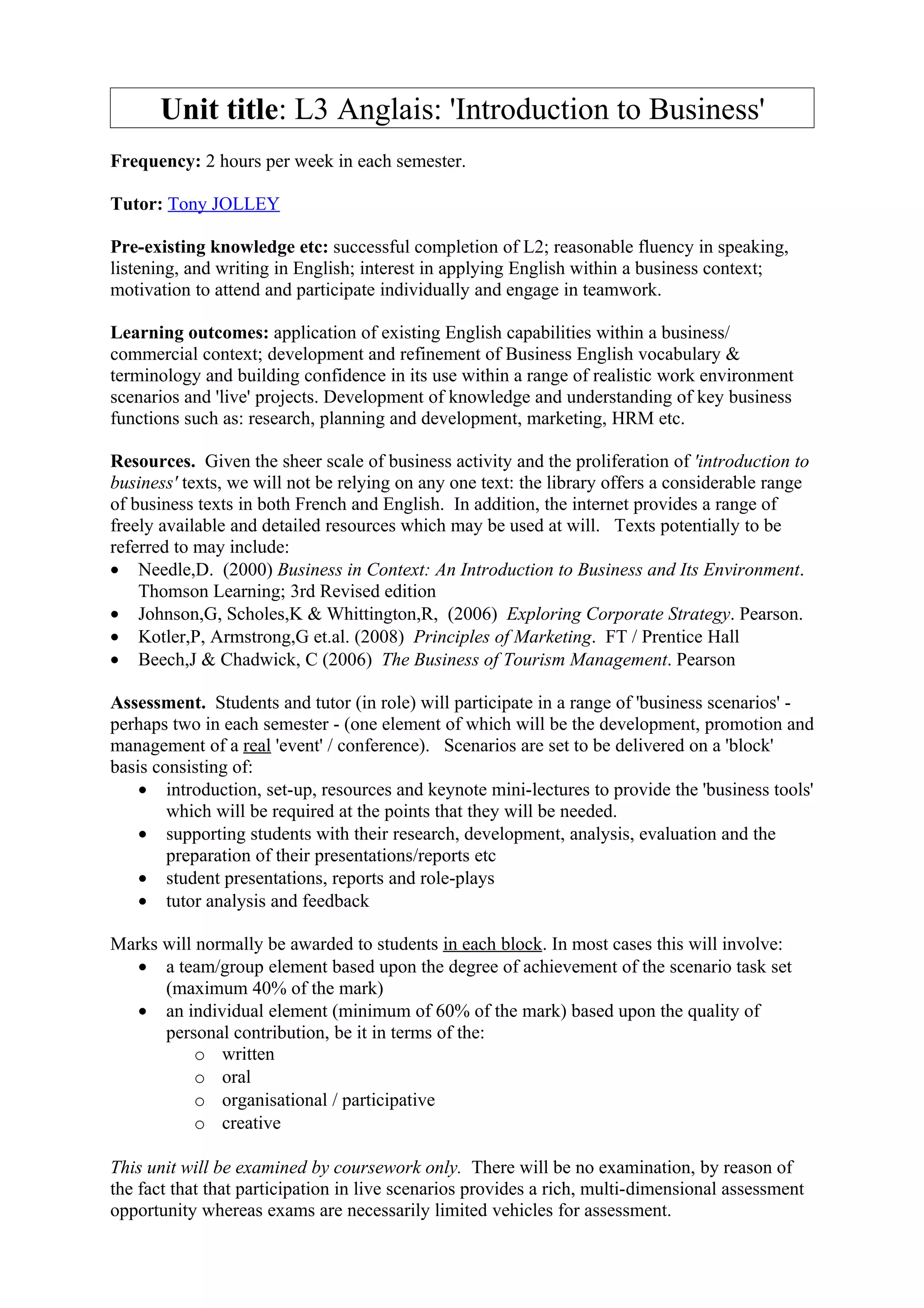 Intro To Business Unit Outline | DOC | Business Administration | Business