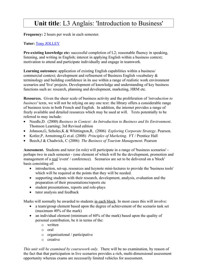 Intro To Business Unit Outline | DOC | Business Administration | Business