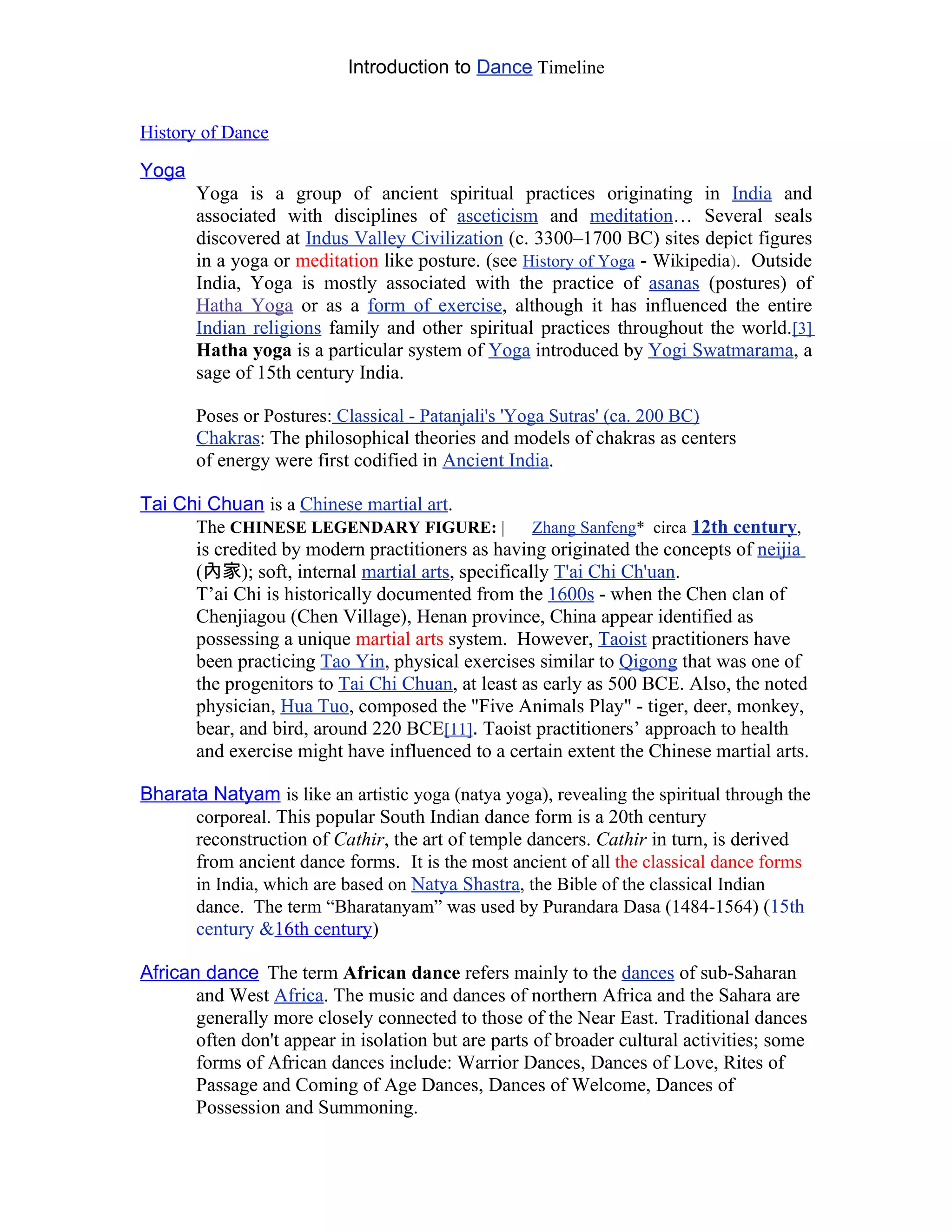 Introduction to Dance timeline | DOC