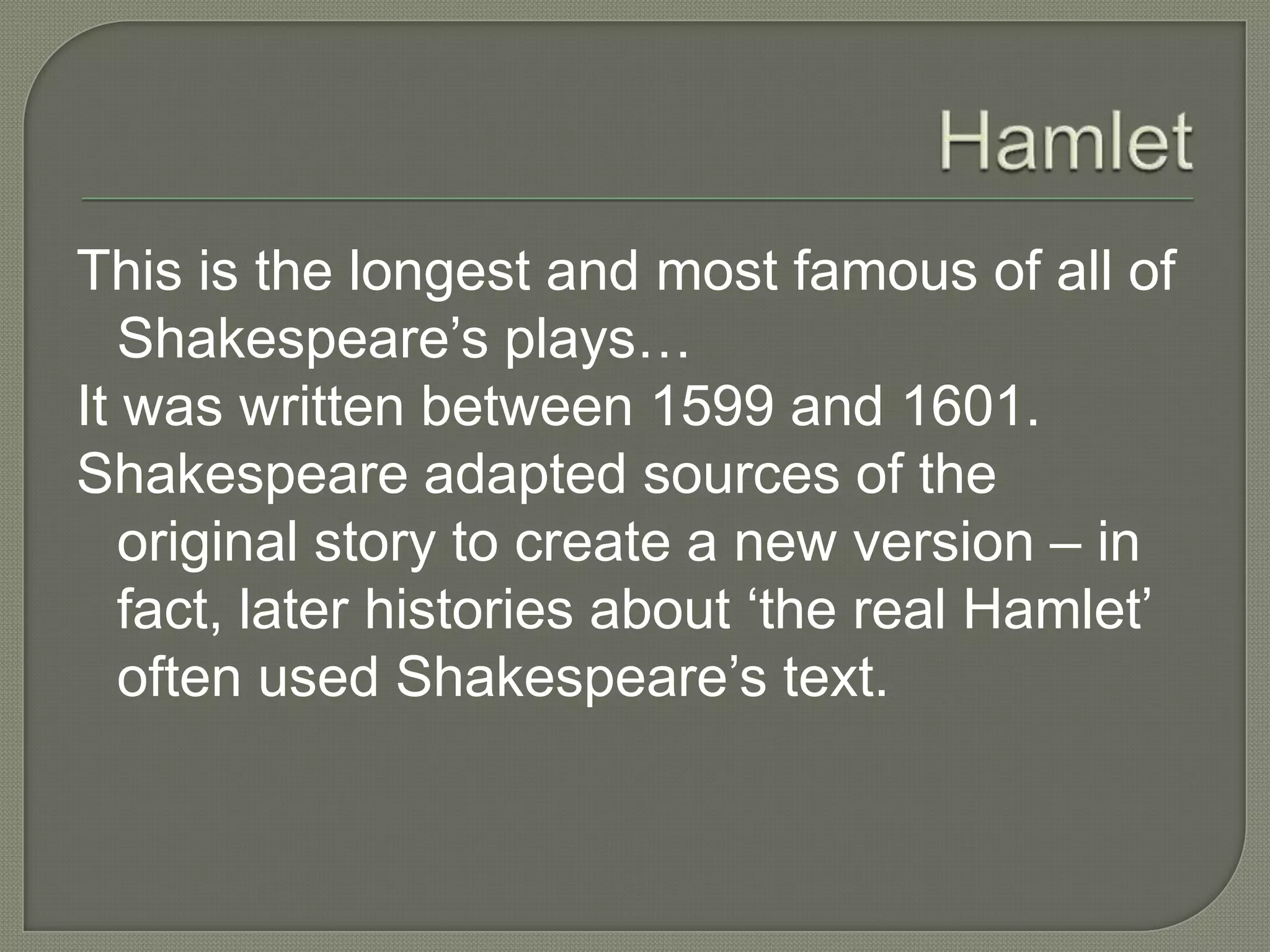 Introduction to Hamlet, with exercises on Act One Scenes One and Two | PPTX