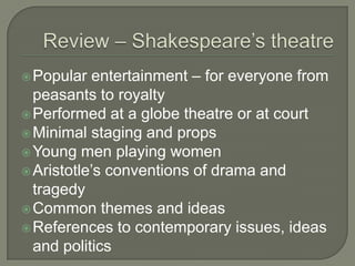Introduction to Hamlet, with exercises on Act One Scenes One and Two | PPTX