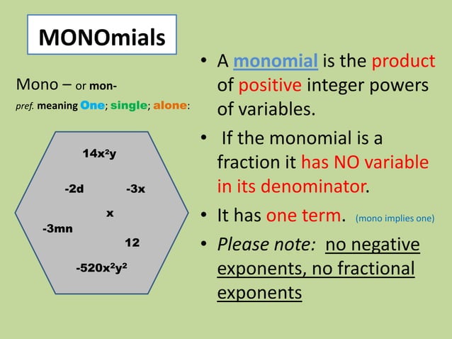 Intro to monomials | PPTX | Homework and Study | Education