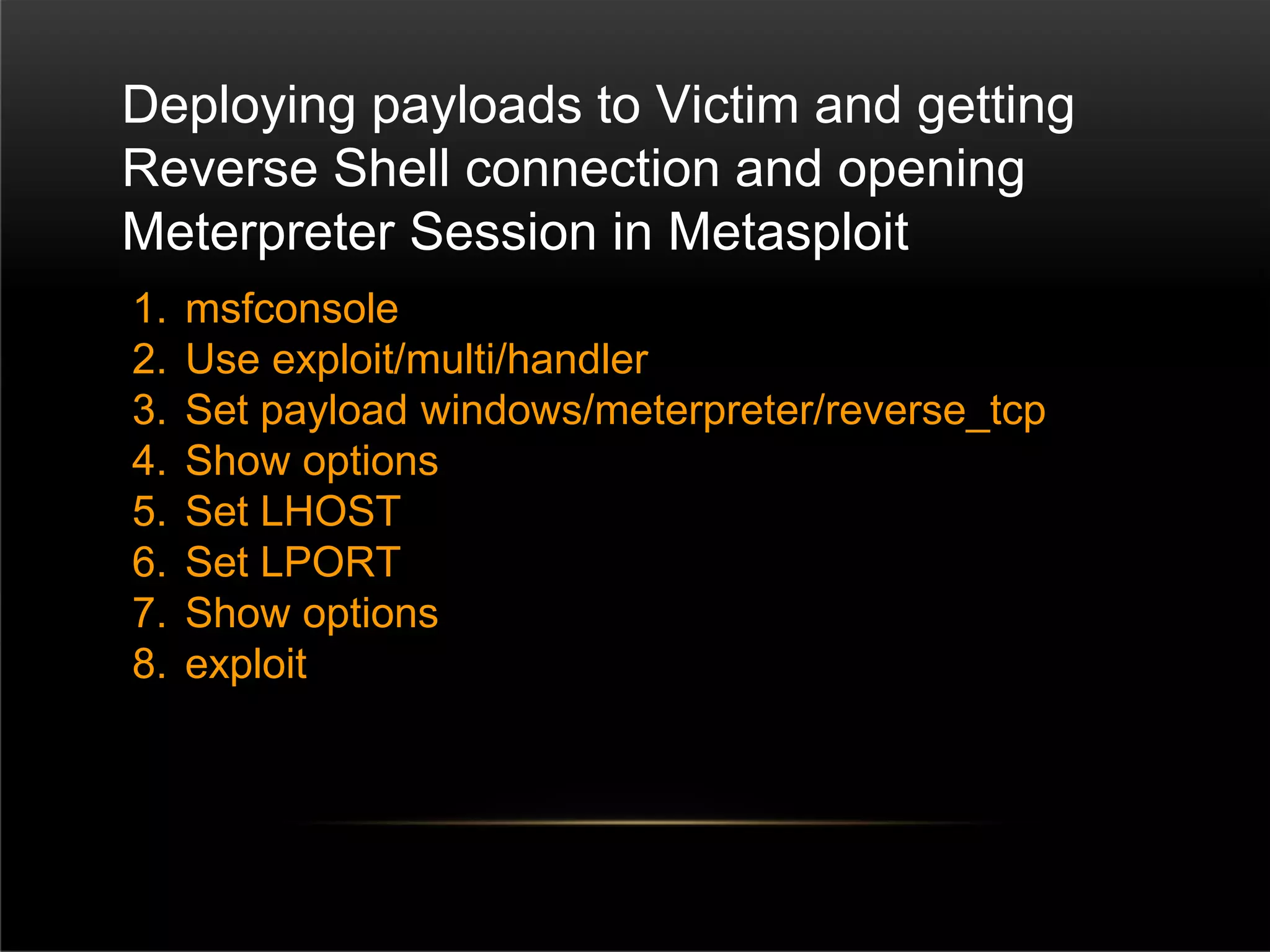 Intro to exploits in metasploitand payloads in msfvenom | PPT