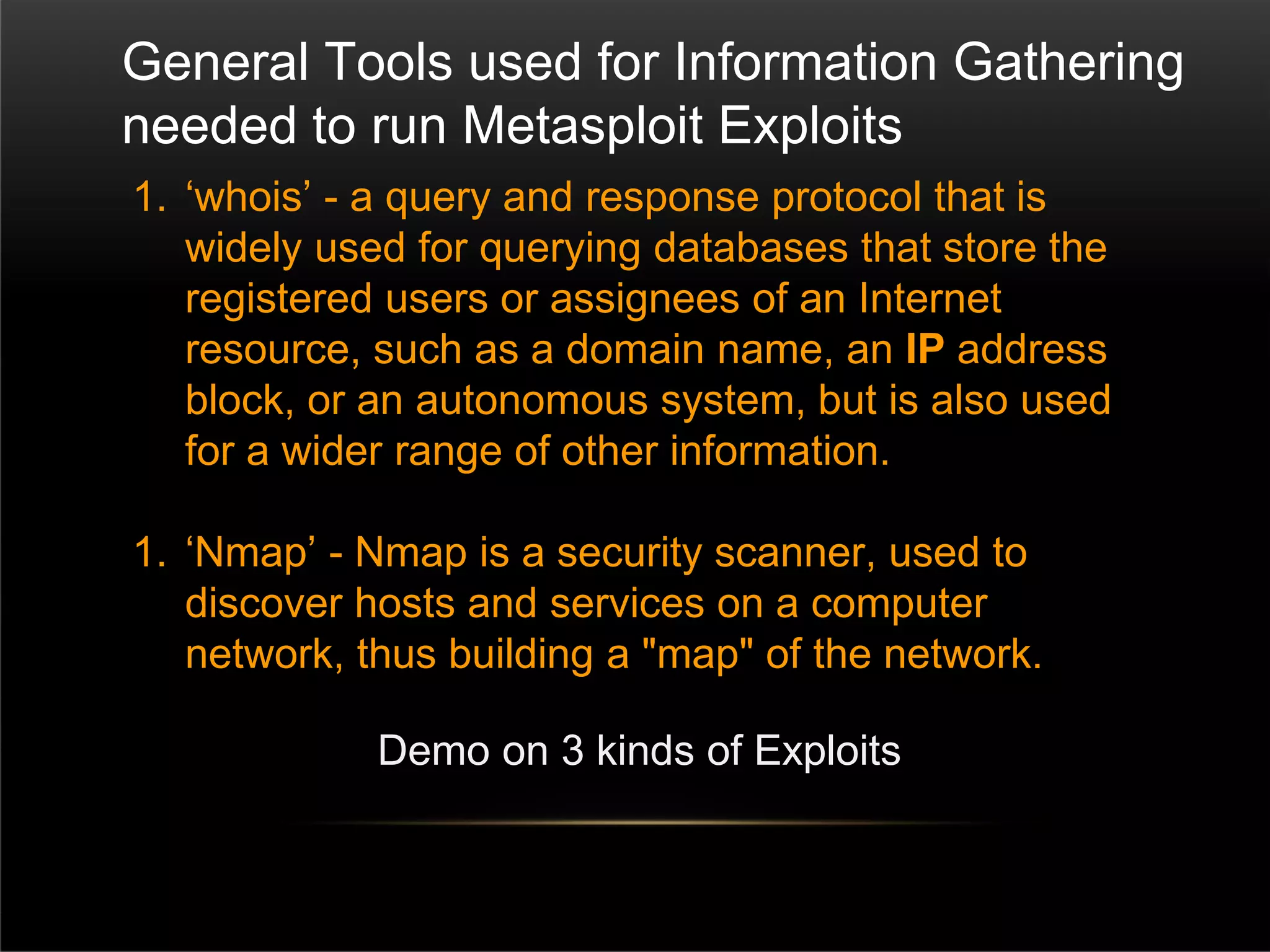 Intro to exploits in metasploitand payloads in msfvenom | PPT