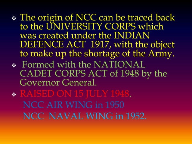 INTRODUCTIO TO NCC AND HISTORY OF NCC & MOTTO OF NCC | PPT | Free Download
