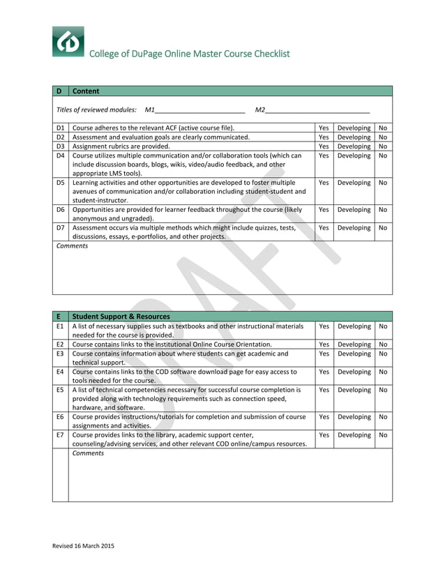 COD Online Course Checklist | PDF