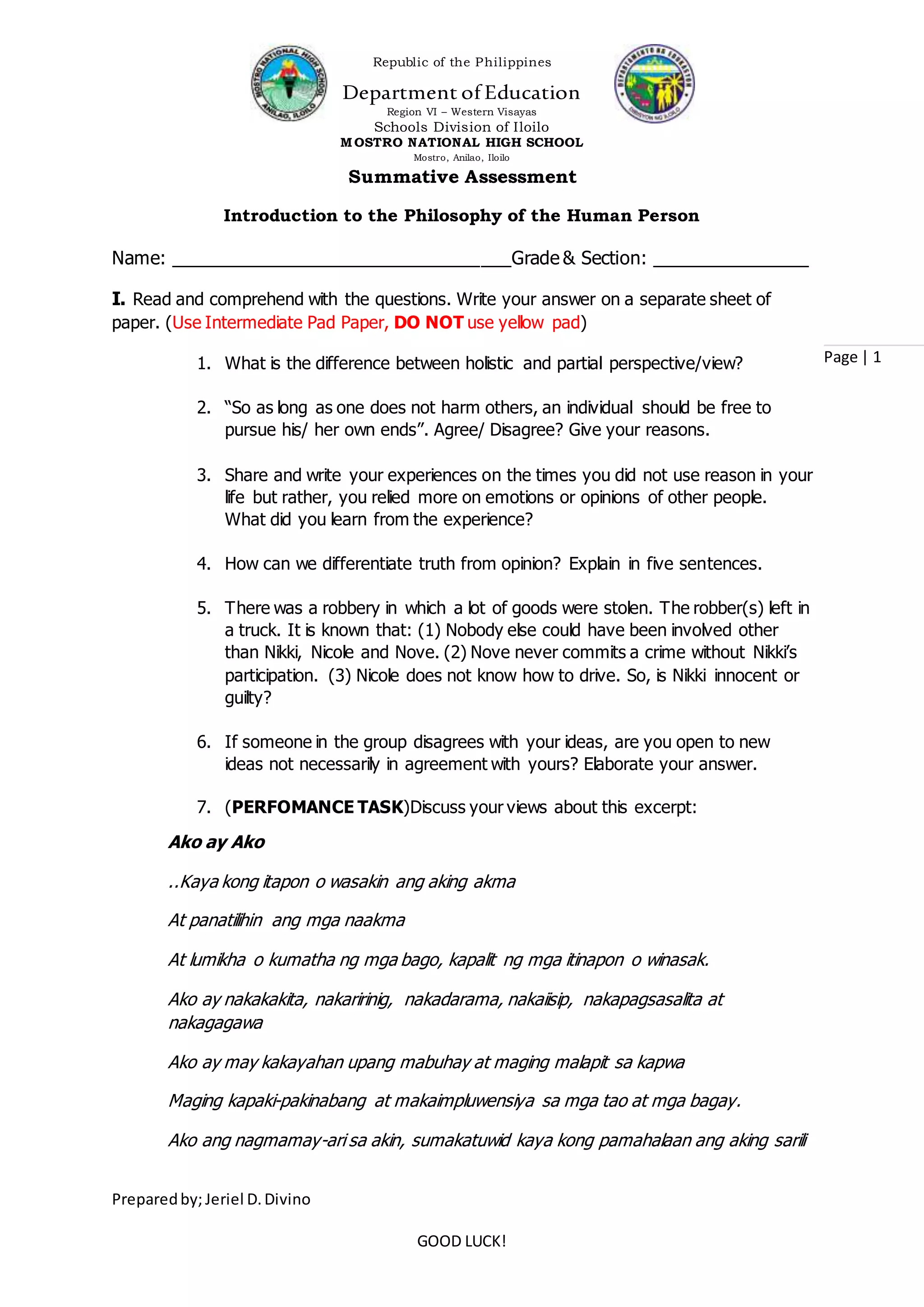 Intro to Philo 2nd Summative Exam Week 1-4.docx