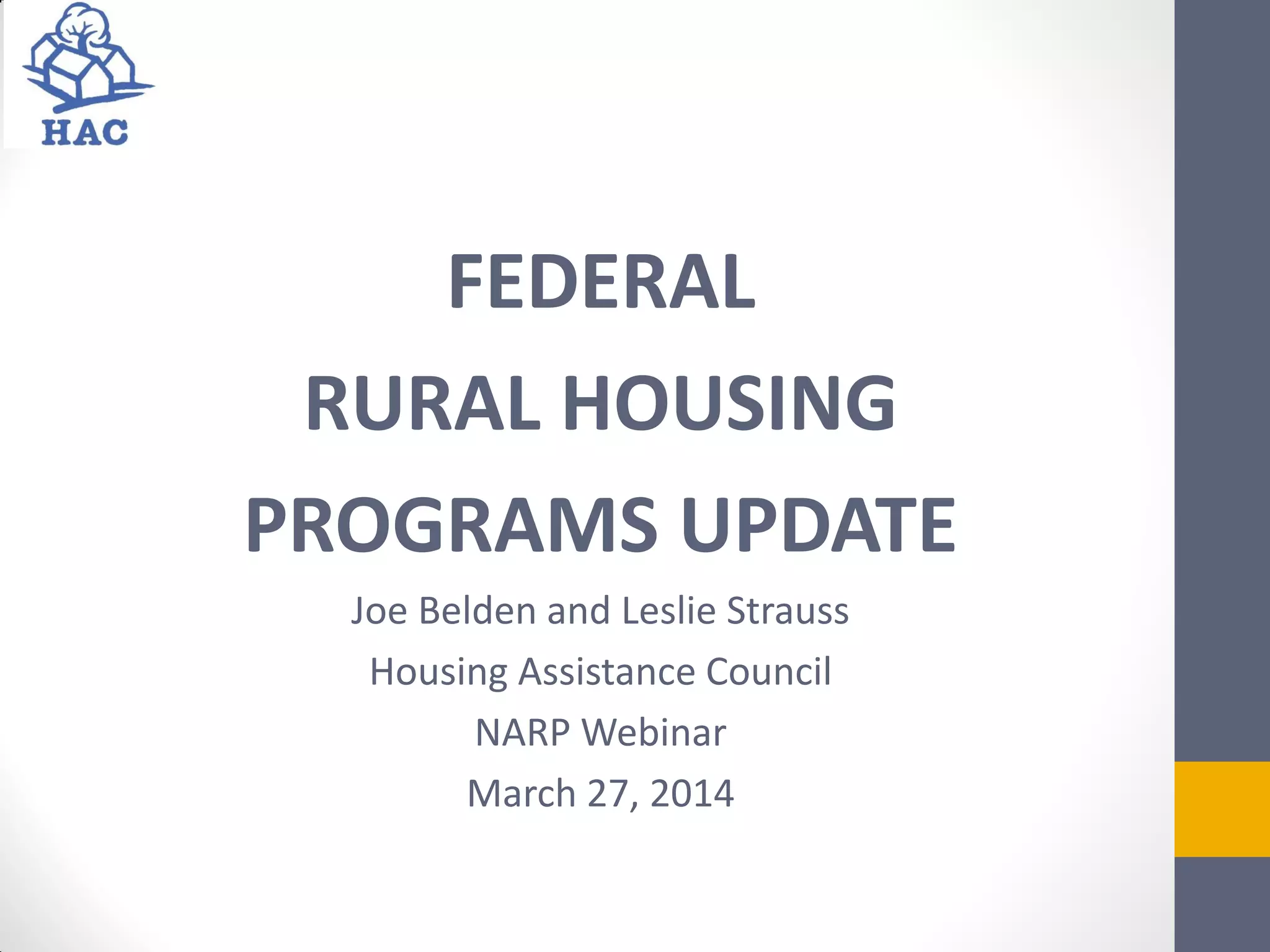 Federal Rural Housing Programs Update | PDF