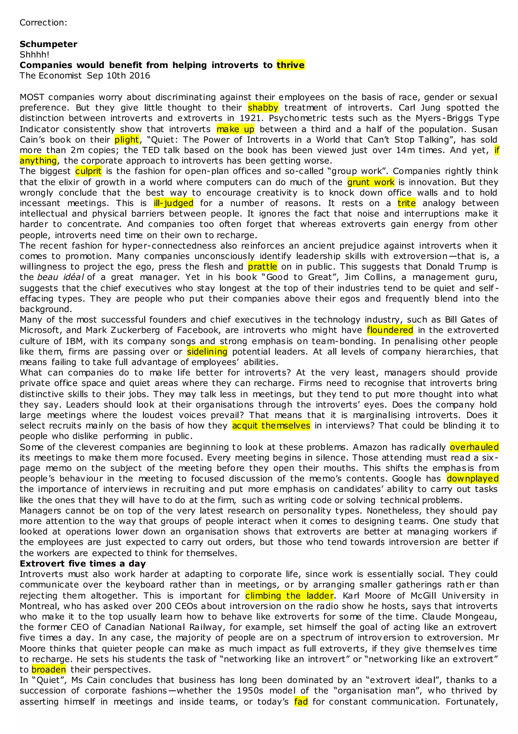 Introverts vs extroverts c1.2 economist with key | DOCX