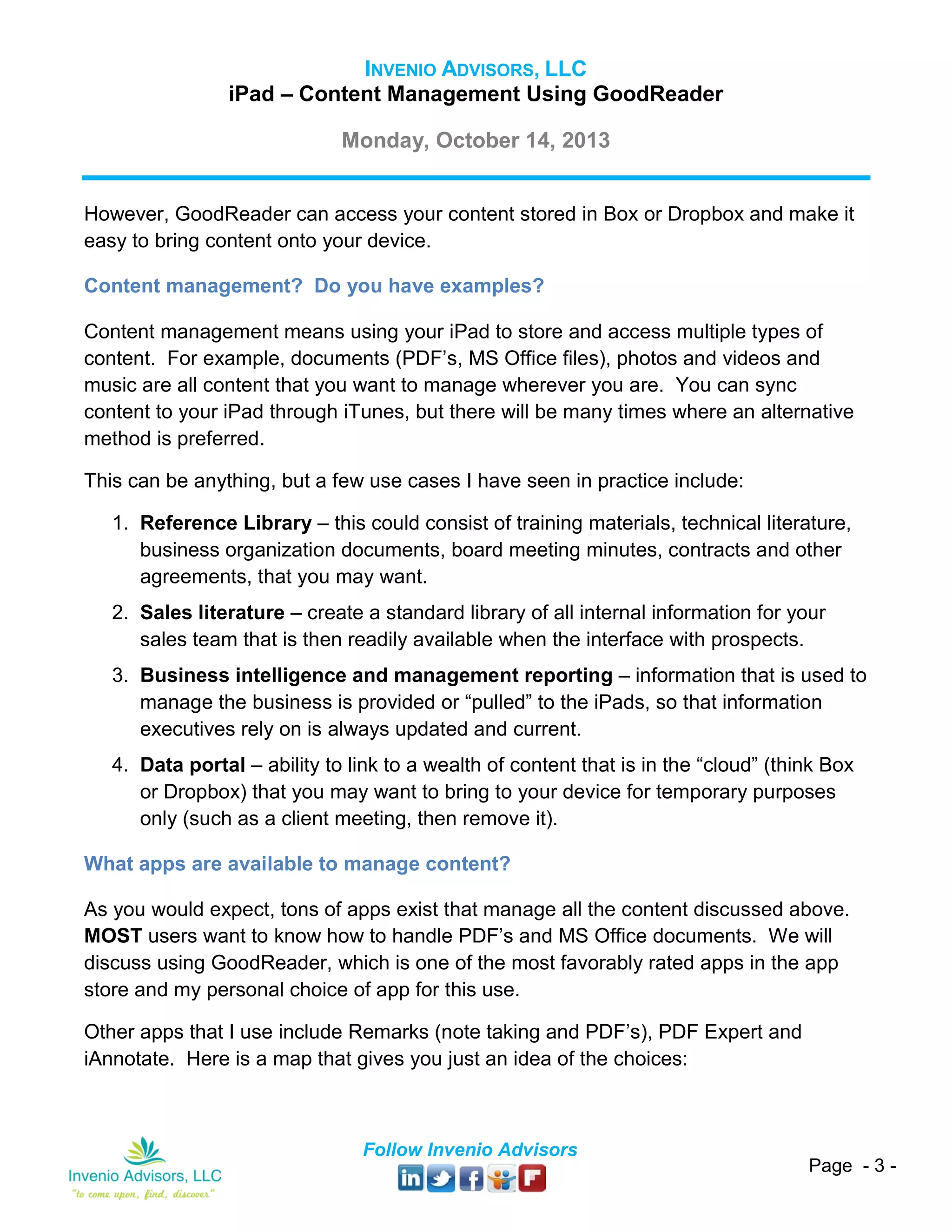 Invenio iPad Content Management Goodreader Training | PDF