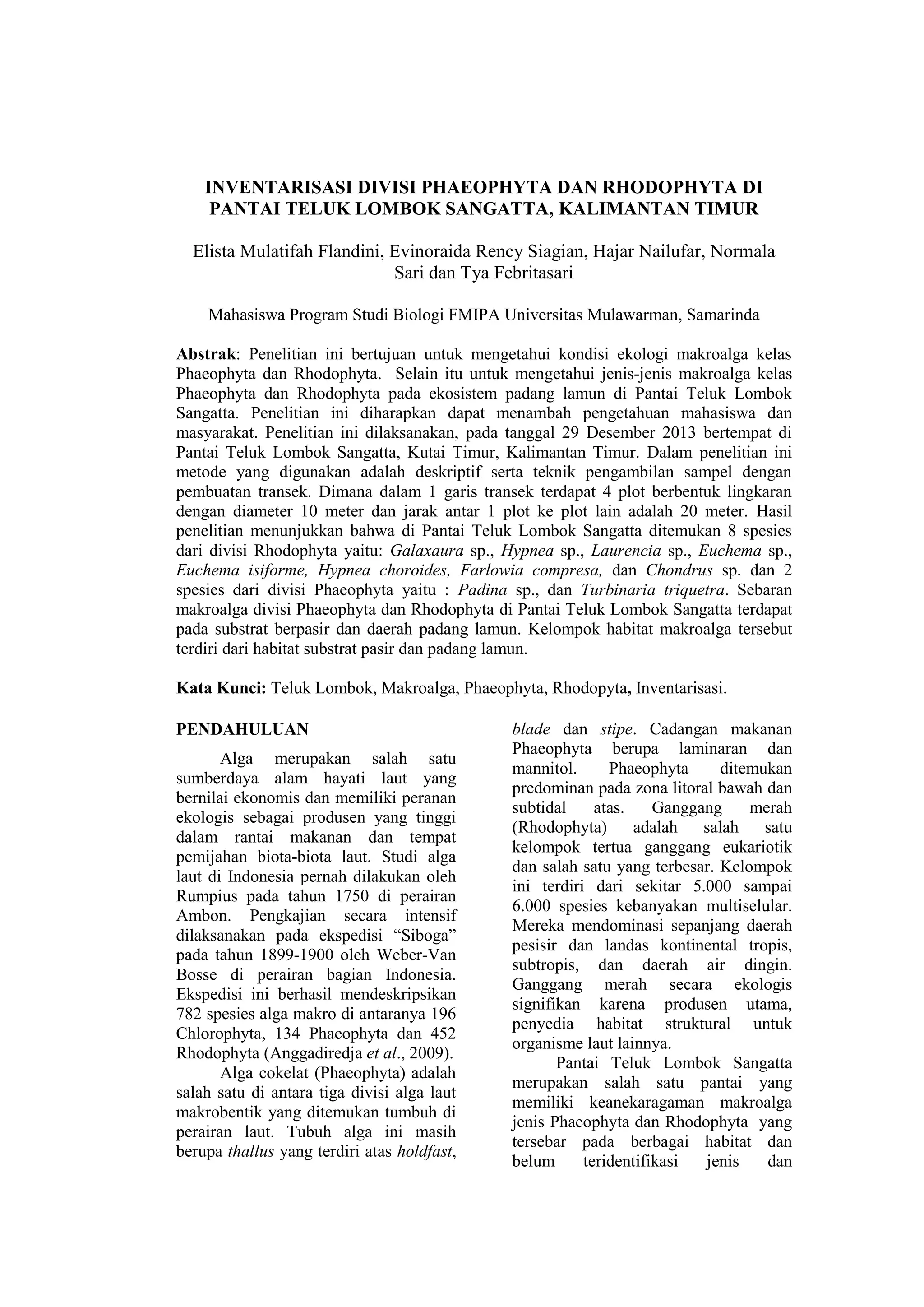 Inventarisasi divisi phaeophyta dan rhodophyta di pantai teluk lombok ...