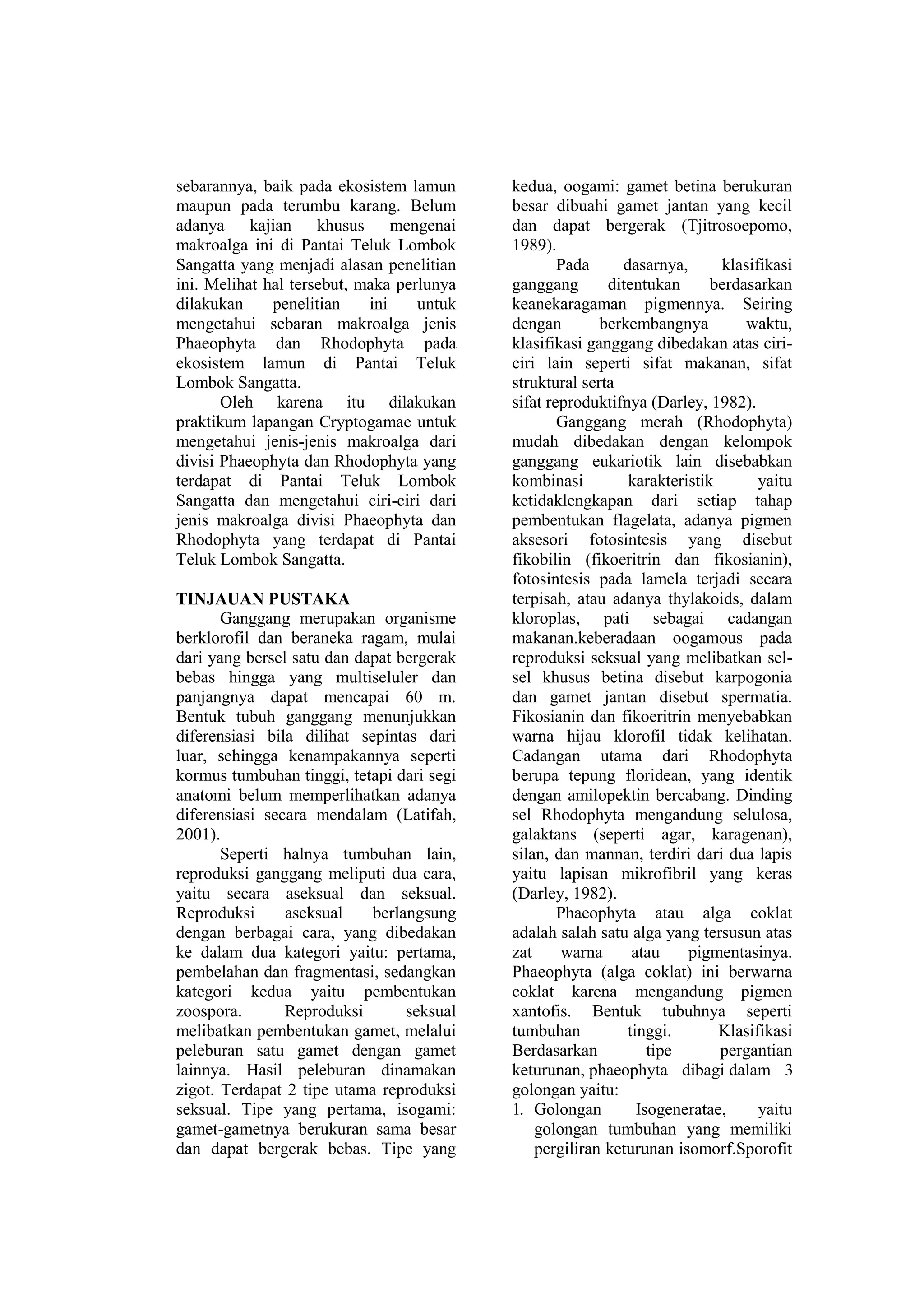 Inventarisasi divisi phaeophyta dan rhodophyta di pantai teluk lombok ...