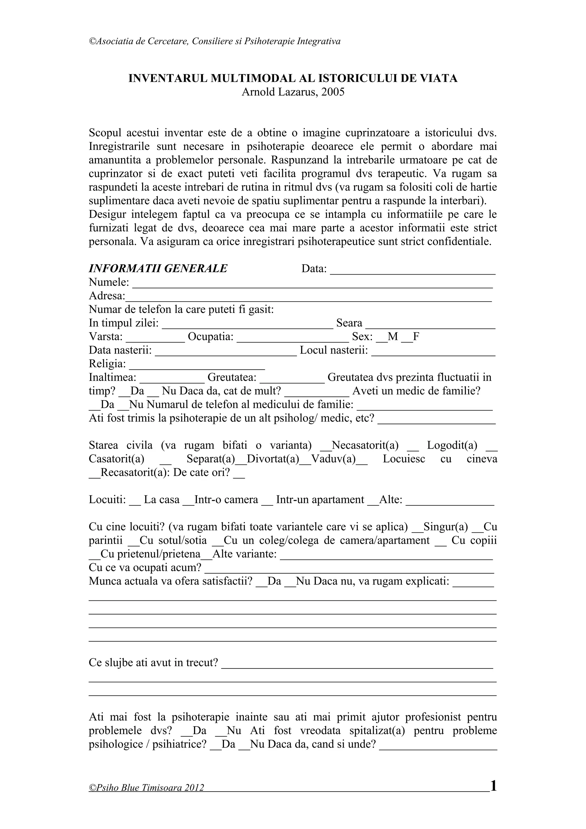 Inventarul multimodal al istoricului de viata | DOC