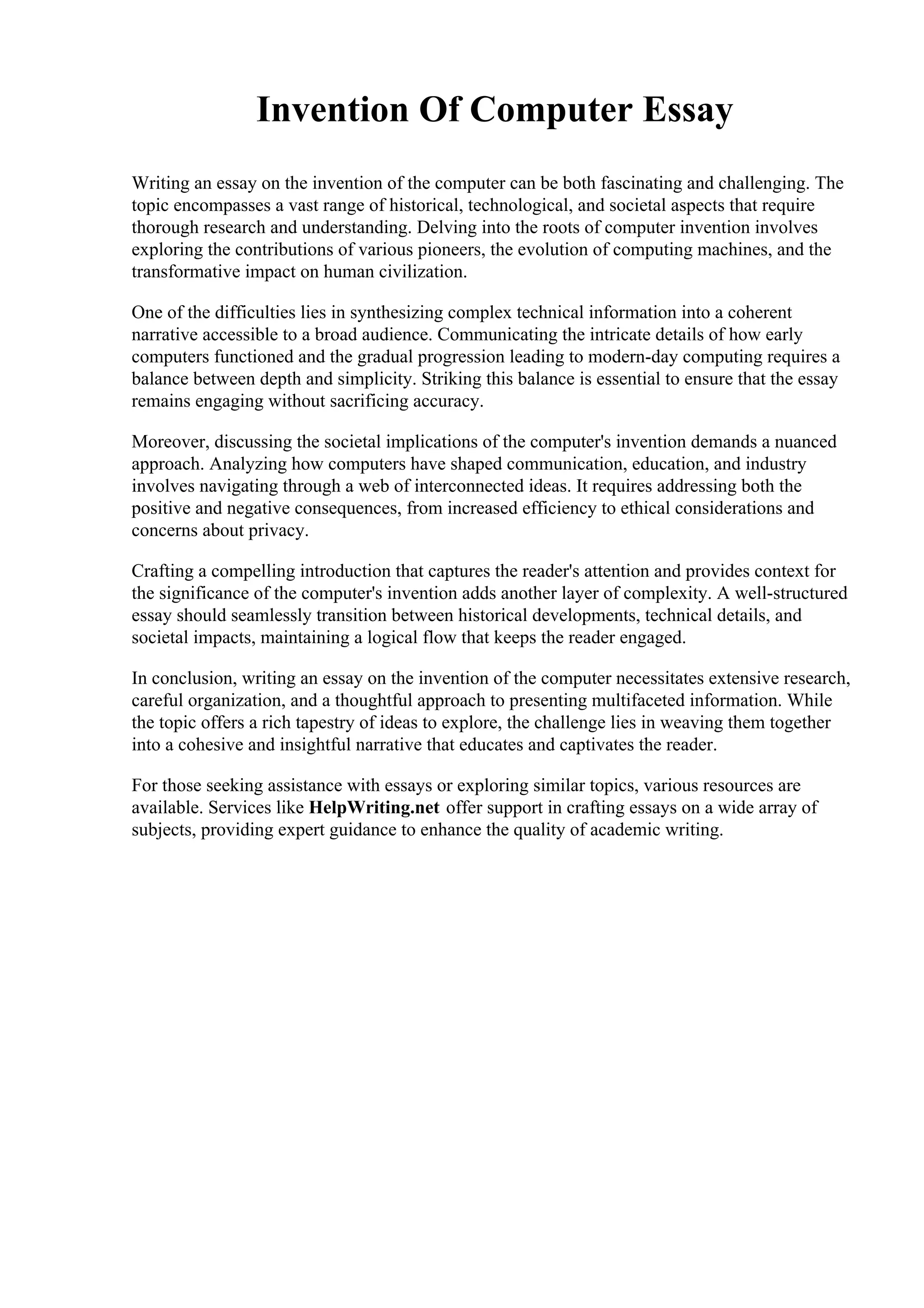 Invention Of Computer Essay. Horizon Healthcare Institute | PDF