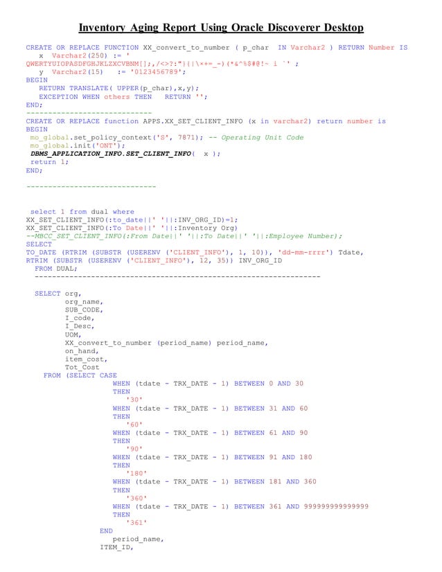 Inventory aging report using oracle discoverer desktop | DOCX
