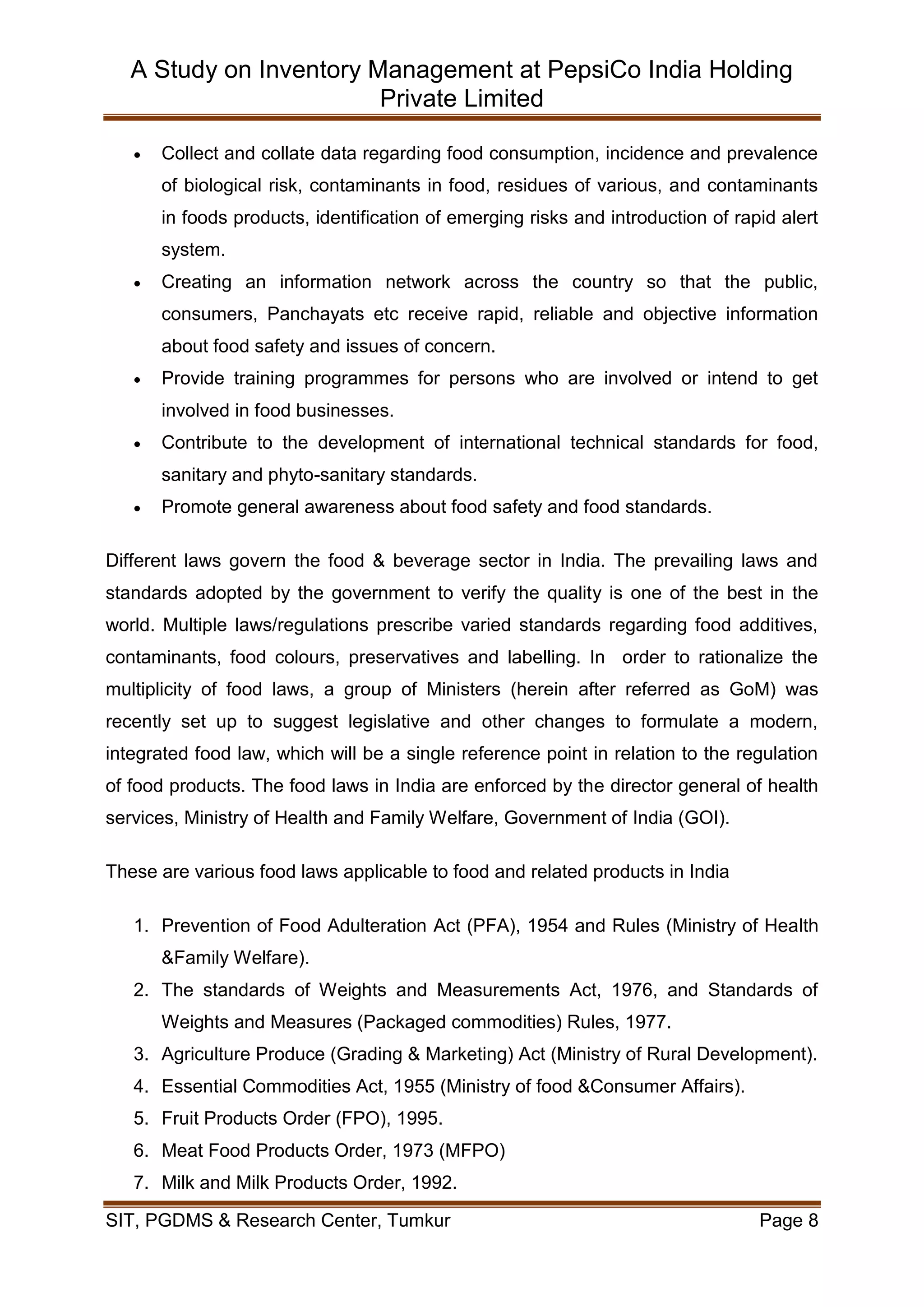 Inventory Management at Pepsi Co India Holding Pvt Ltd | PDF