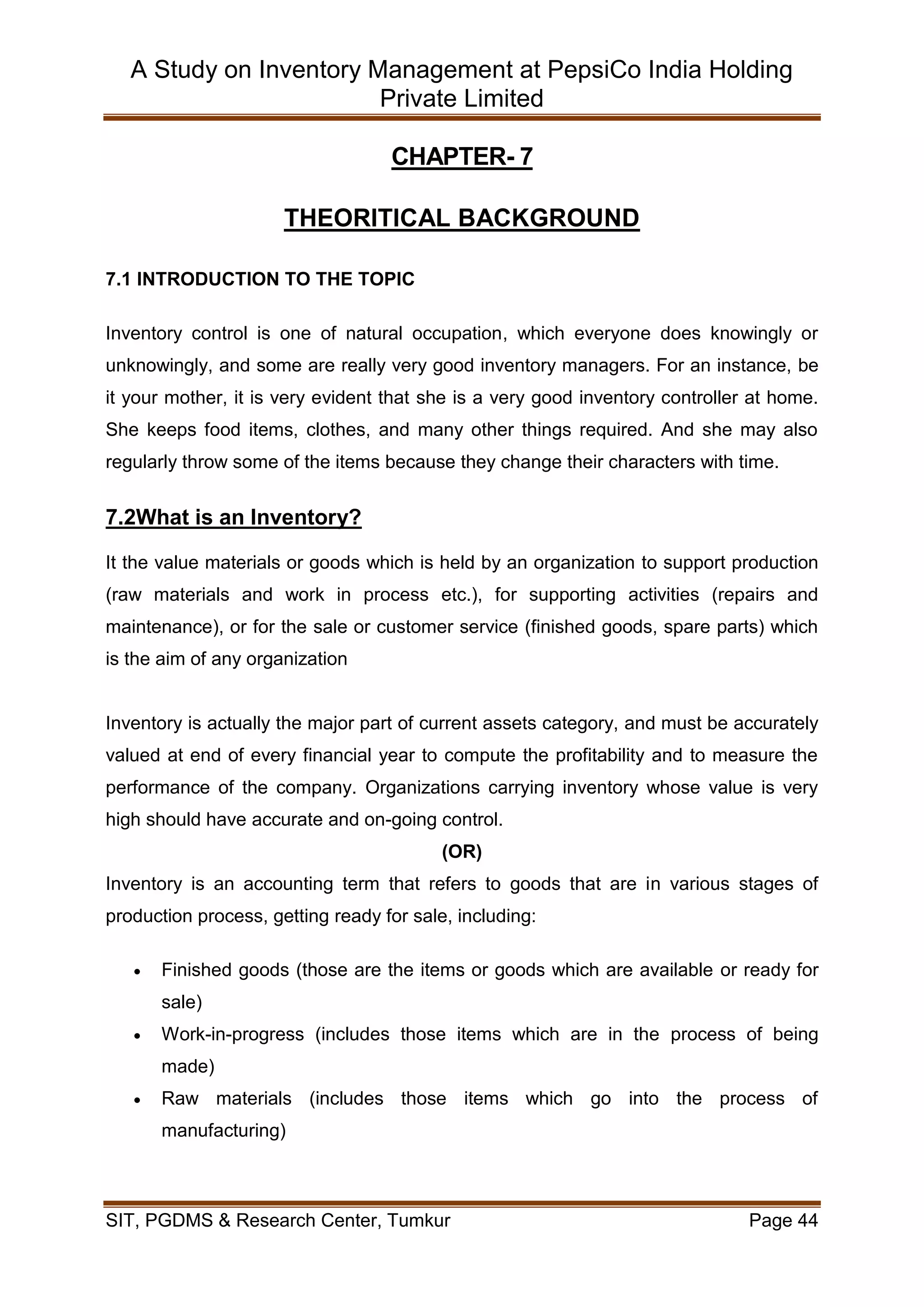 Inventory Management at Pepsi Co India Holding Pvt Ltd | PDF