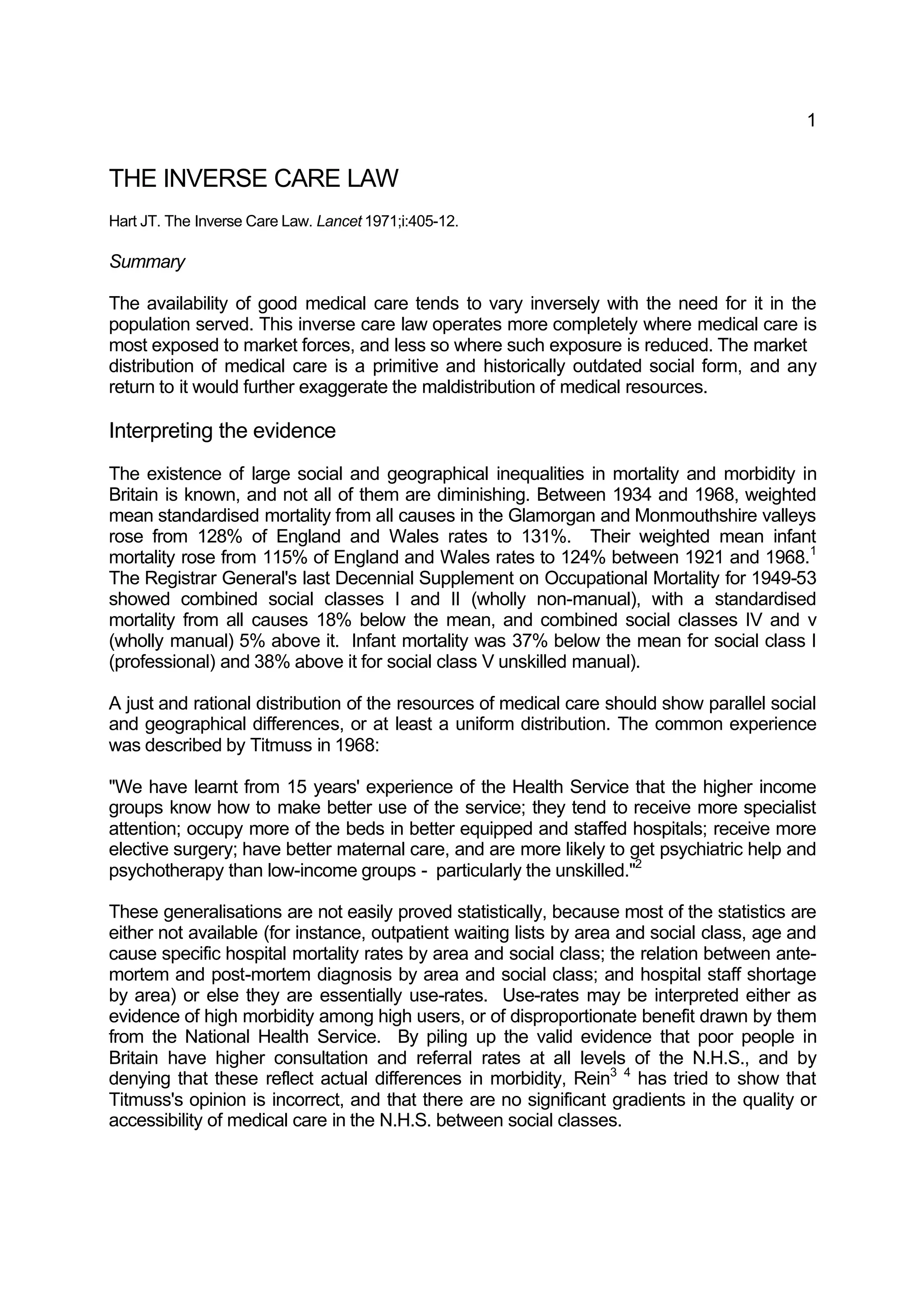 Inverse care law julian tudor hart | PDF