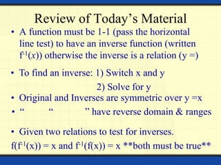 Inverse Functions, one to one and inverse functions | PPT