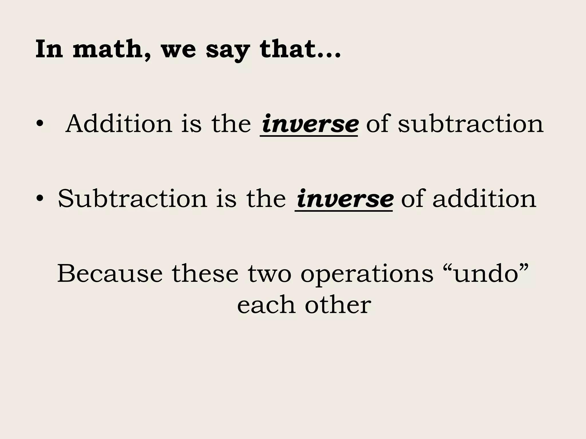 Inverse relationship between addition & subtraction | PPT
