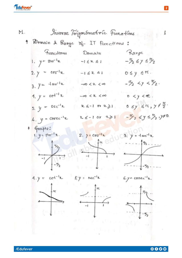 Inverse Trigonometric Functions Mathematics Handwritten Notes Pdf
