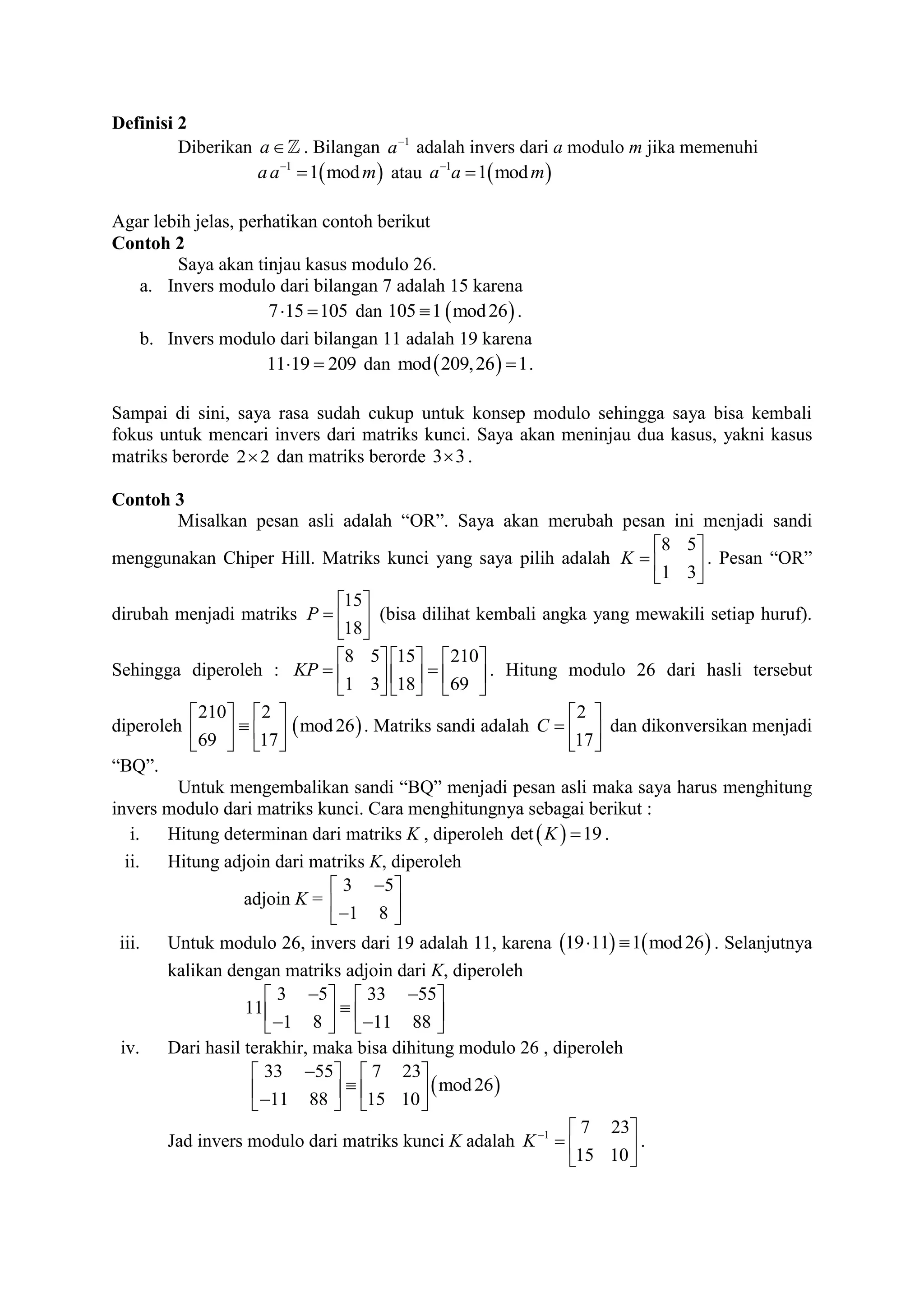 Invers Matriks Kunci Pada Algoritma Chiper Hill | PDF