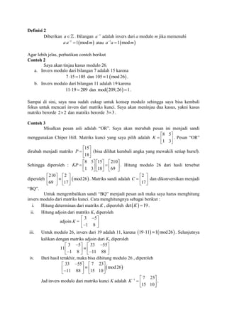 Invers Matriks Kunci Pada Algoritma Chiper Hill | PDF