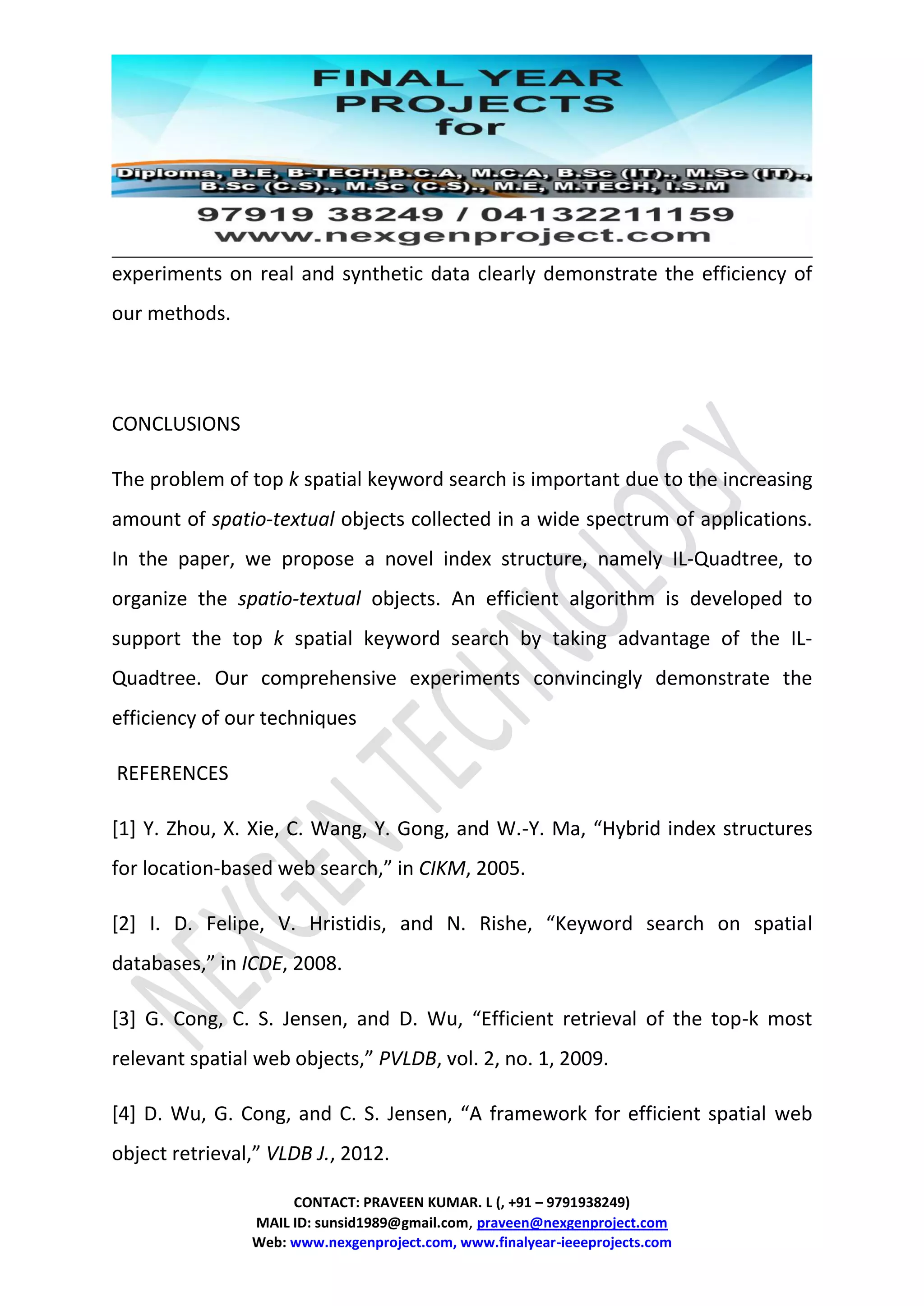 INVERTED LINEAR QUADTREE: EFFICIENT TOP K SPATIAL KEYWORD SEARCH | PDF