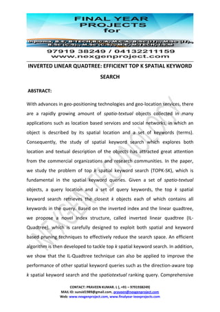 INVERTED LINEAR QUADTREE: EFFICIENT TOP K SPATIAL KEYWORD SEARCH | PDF