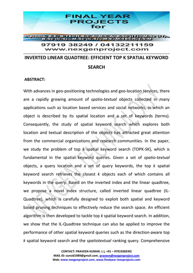INVERTED LINEAR QUADTREE: EFFICIENT TOP K SPATIAL KEYWORD SEARCH | PDF