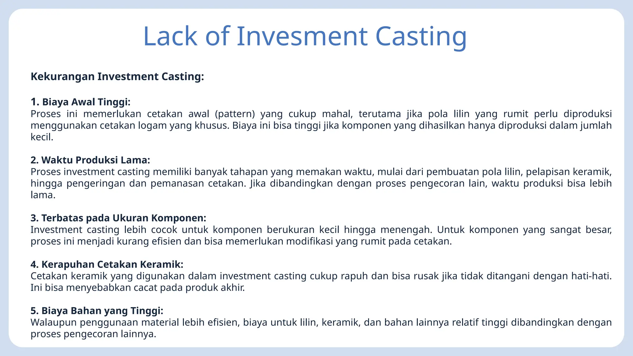 contoh ppt Invesment Casting pada Industri | PPTX
