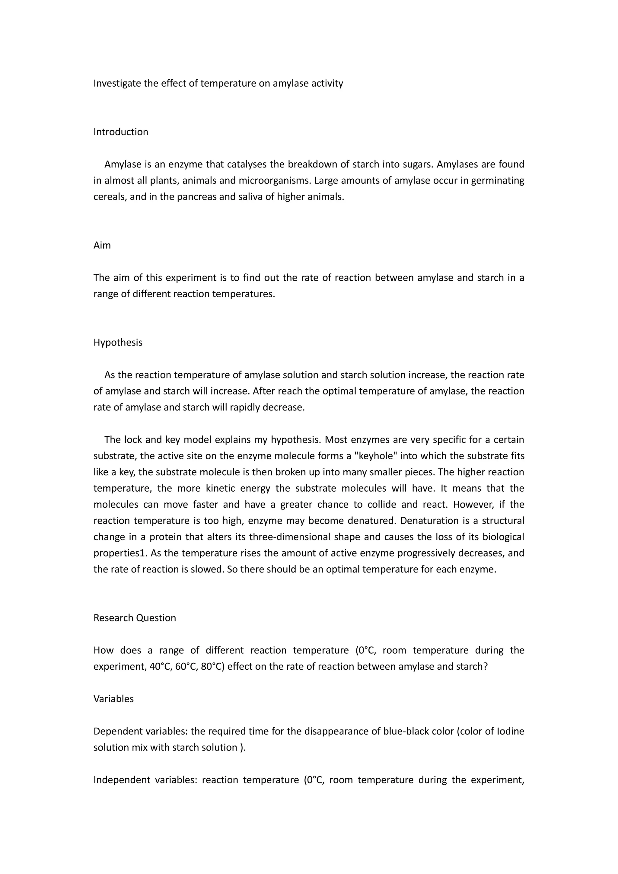Investigate the effect of temperature on amylase activity | DOCX