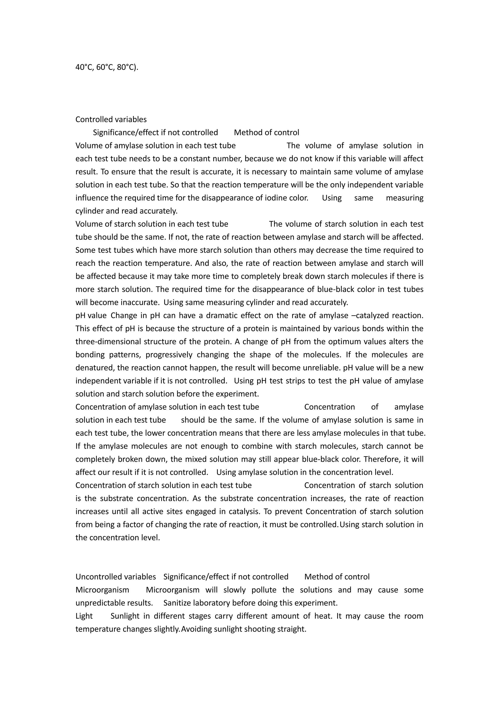 Investigate the effect of temperature on amylase activity | DOCX
