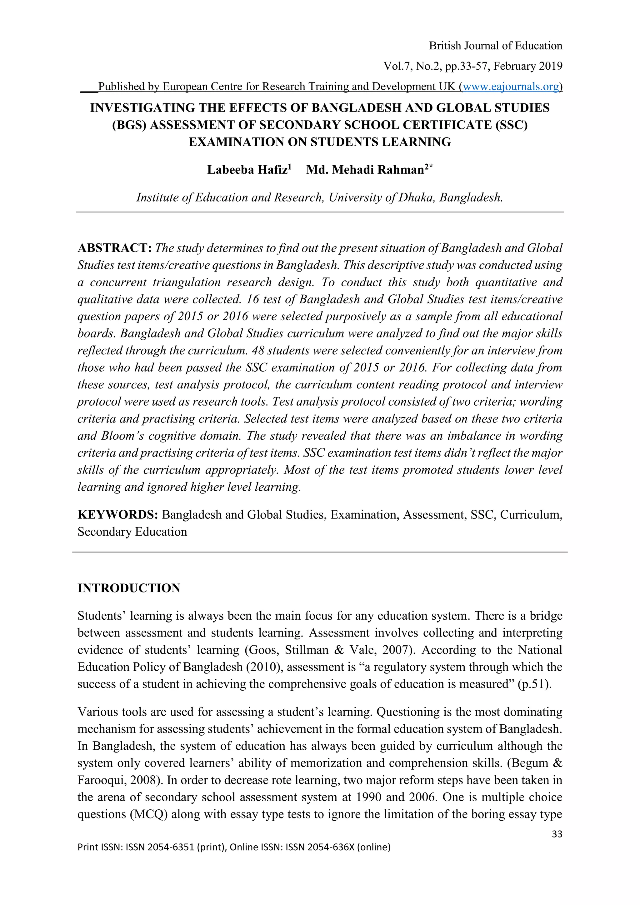 INVESTIGATING THE EFFECTS OF BANGLADESH AND GLOBAL STUDIES (BGS ...