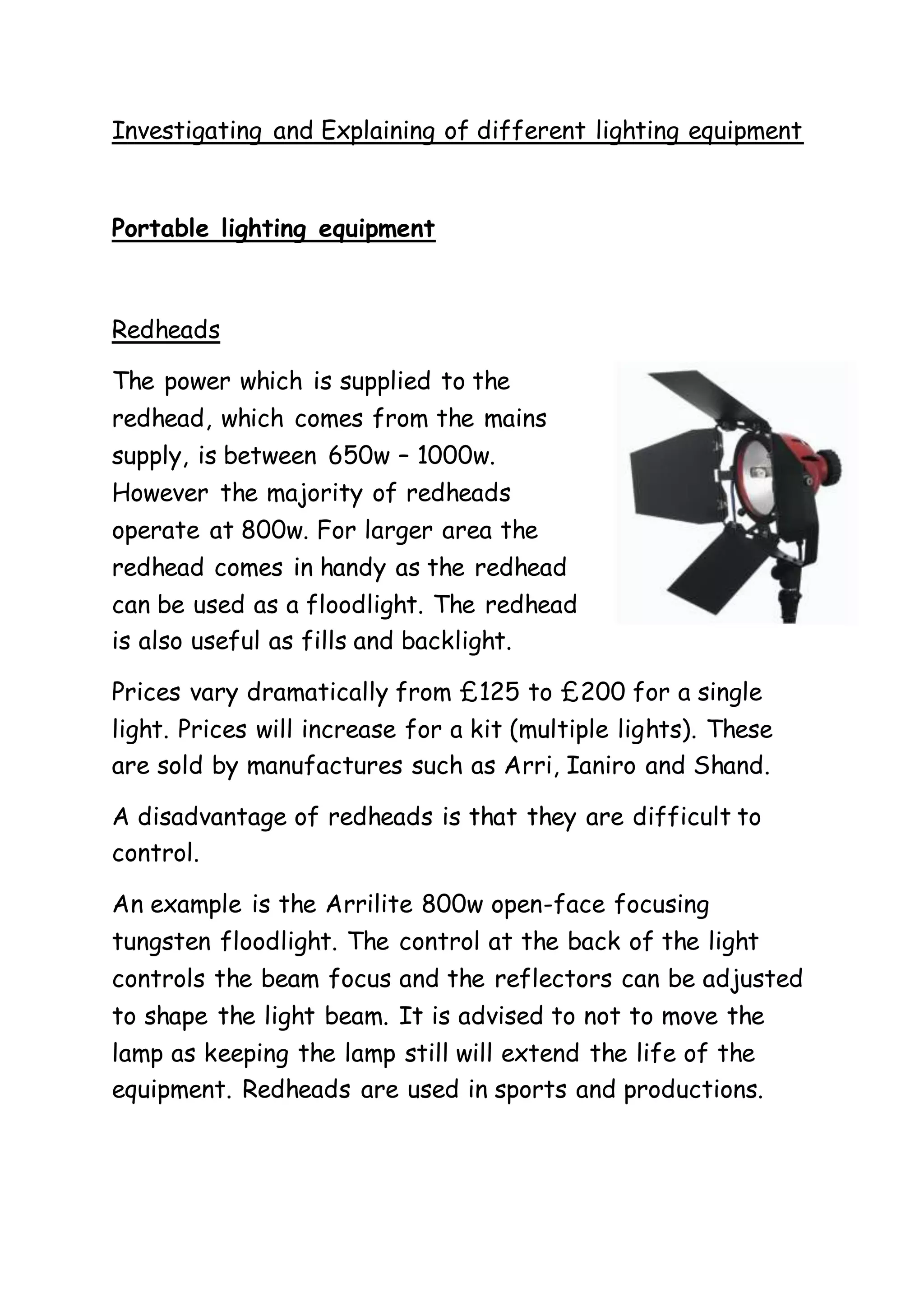 Investigating and explaining of different lighting equipment | DOCX