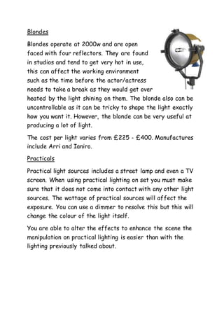 Investigating and explaining of different lighting equipment | DOCX