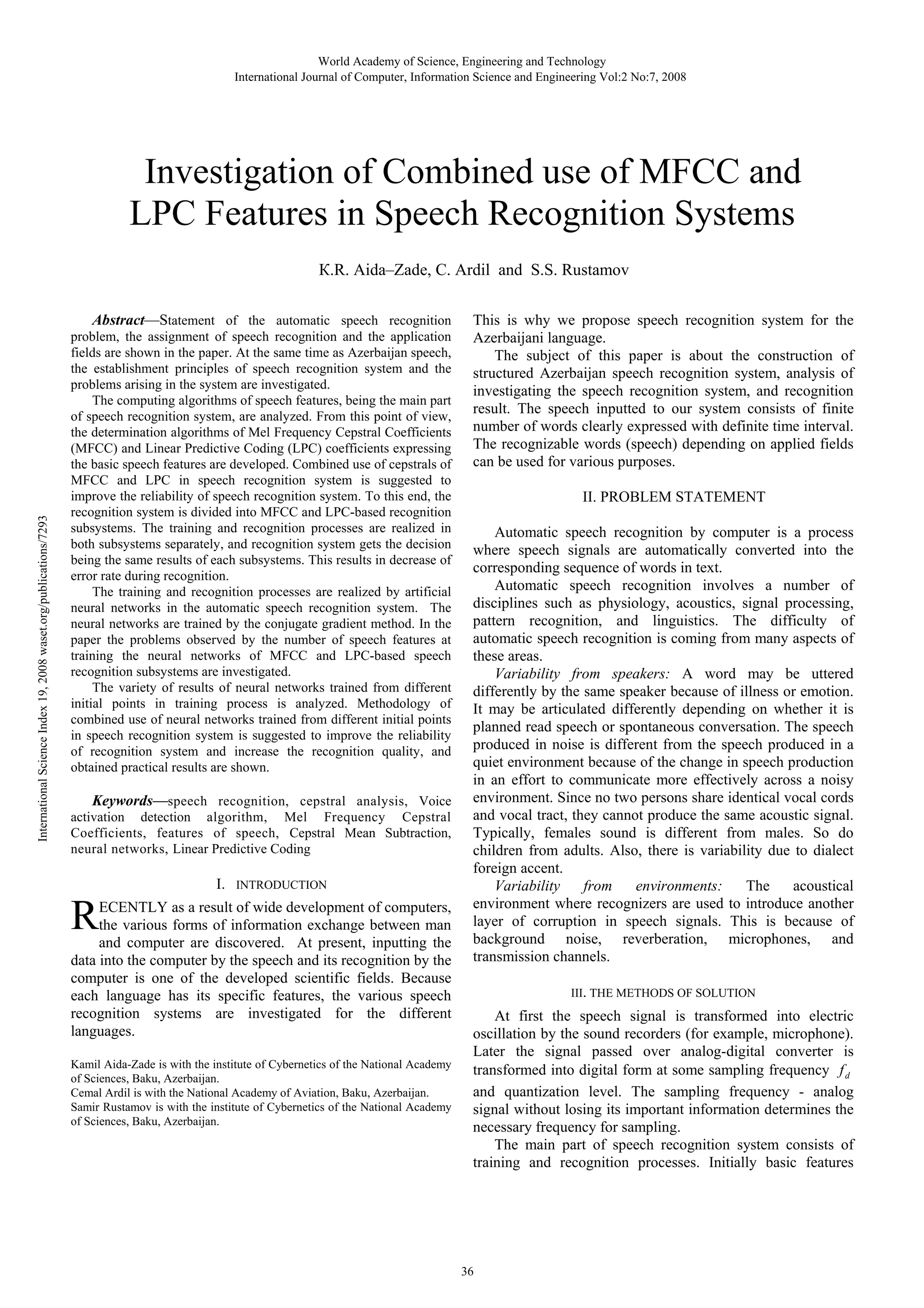 Investigation Of Combined Use Of Mfcc And Lpc Features In Speech Recognition Systems Pdf