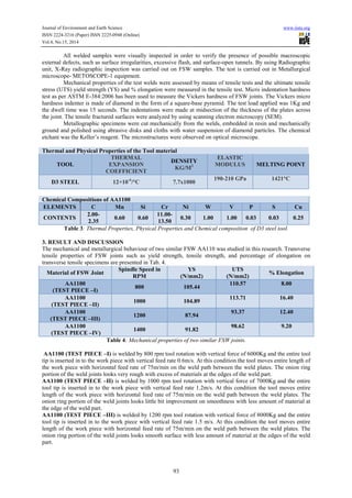 Investigation and analysis of metallurgical and mechanical properties of aa1100 using fsw | PDF