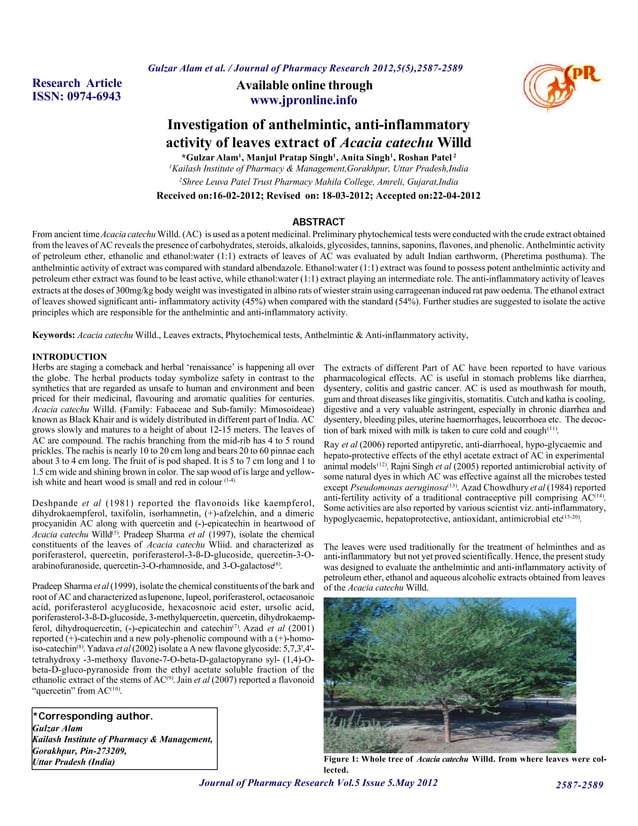 Investigation of anthelmintic, anti inflammatory activity of leaves extract of Acacia catechu ...