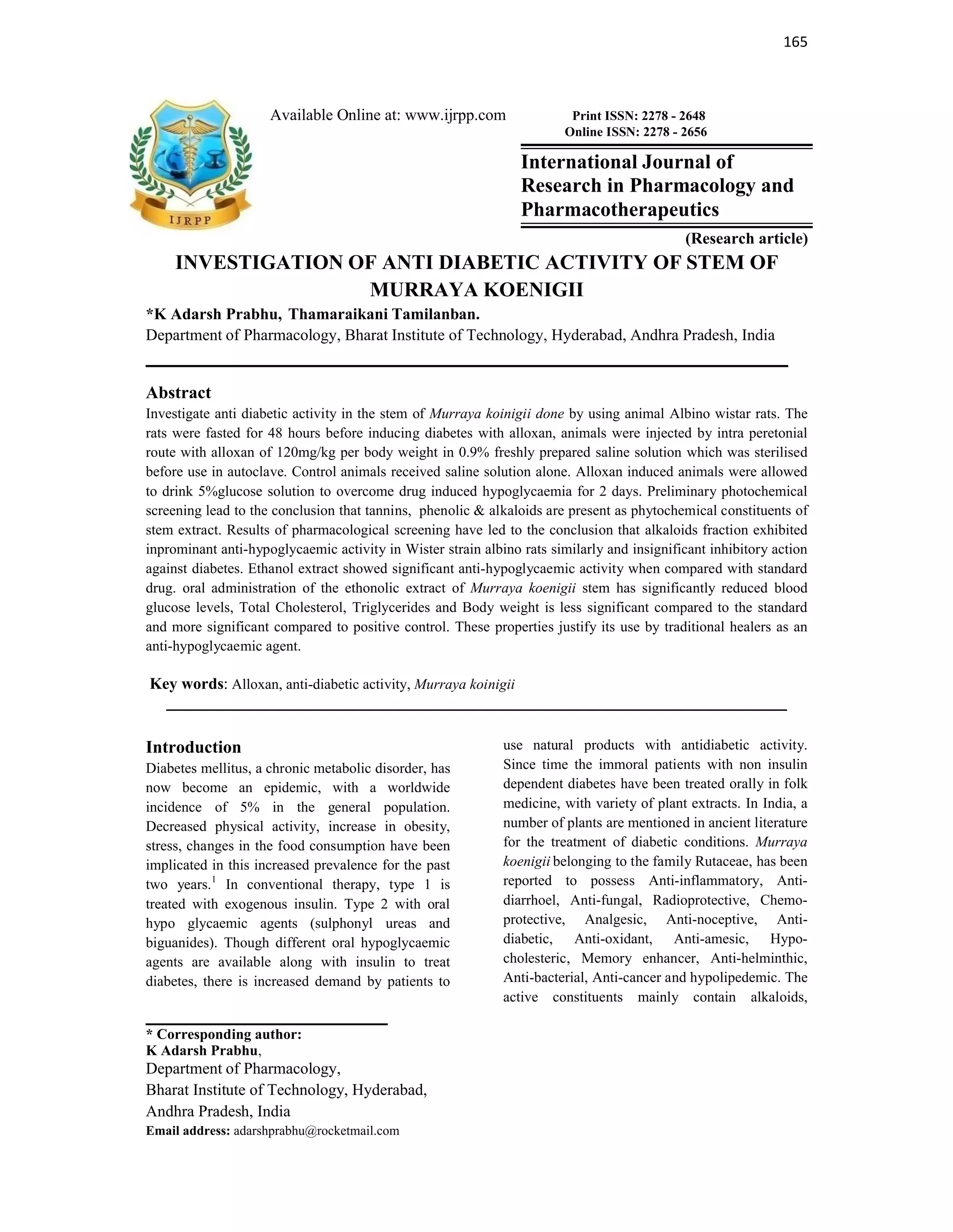 INVESTIGATION OF ANTI DIABETIC ACTIVITY OF STEM OF MURRAYA KOENIGII | PDF
