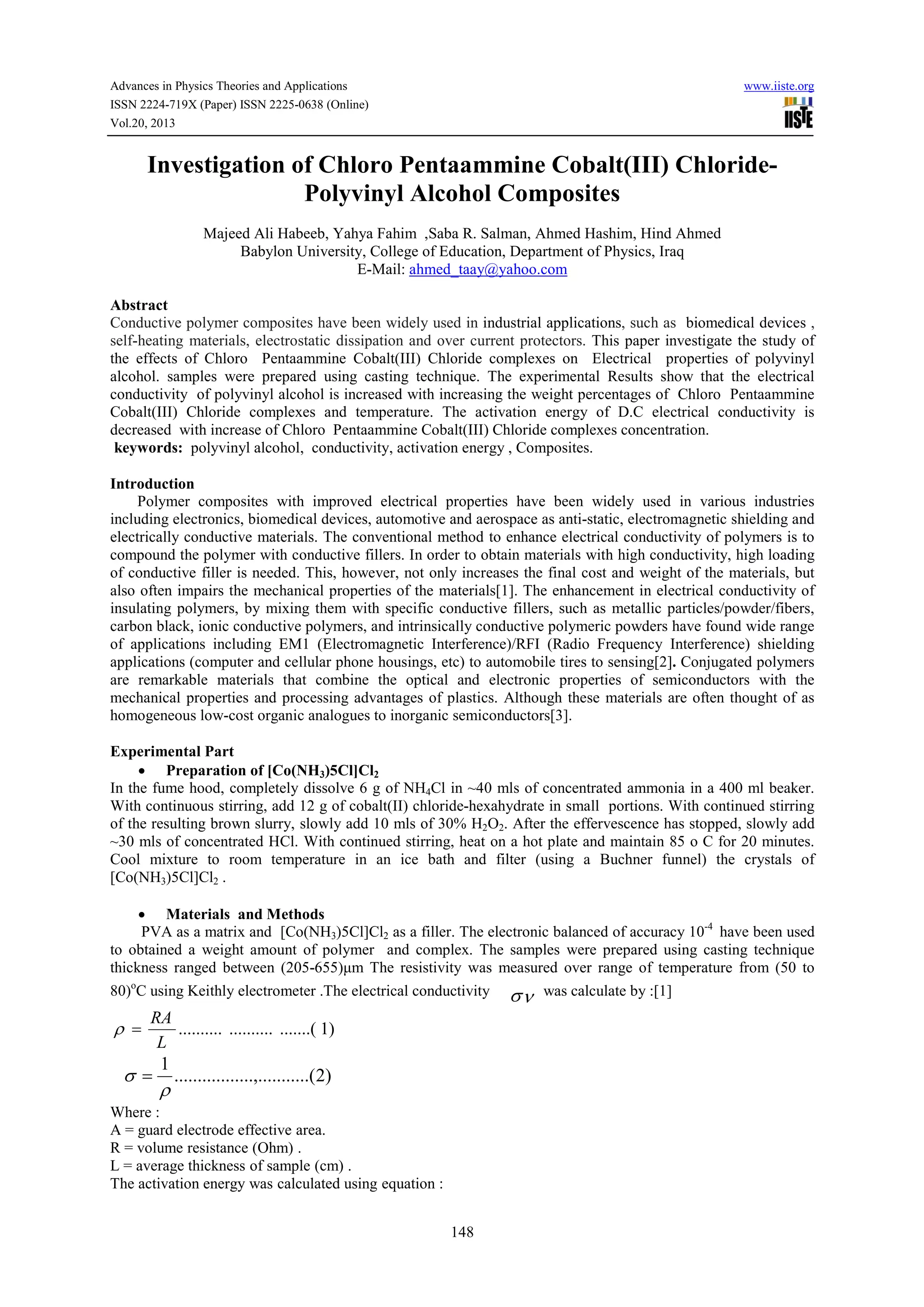 Investigation of chloro pentaammine cobalt(iii) chloride polyvinyl ...