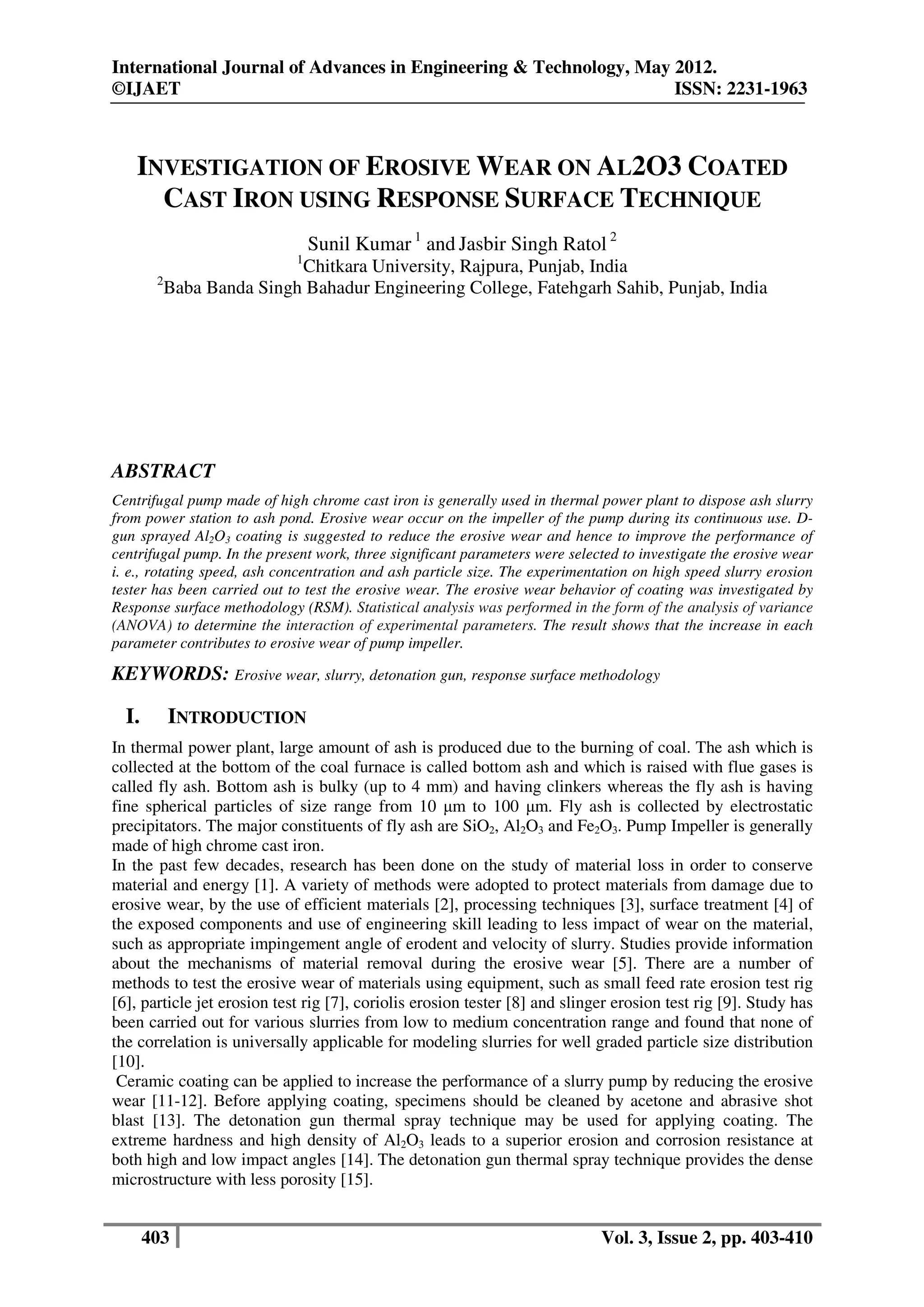 Investigation of Erosive Wear on Al2O3 Coated Cast Iron Using Response Surface Technique | PDF