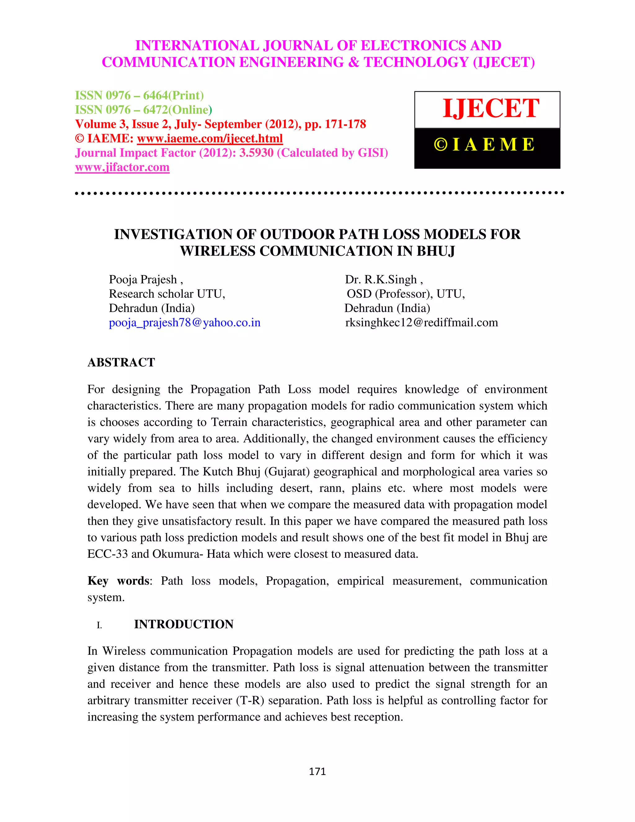 Investigation Of Outdoor Path Loss Models For Wireless Communication In Bhuj Pdf