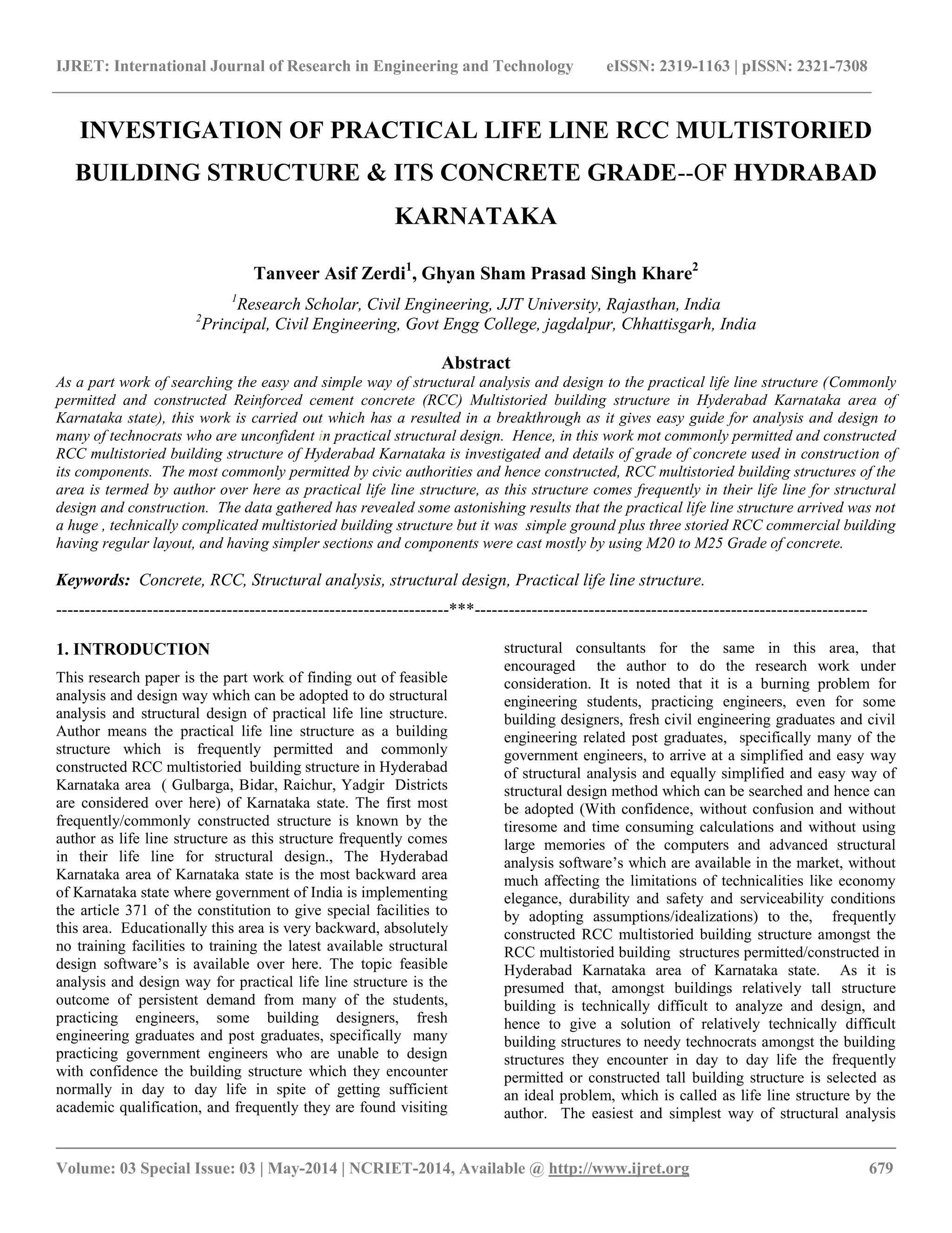 Investigation of practical life line rcc multistoried building ...