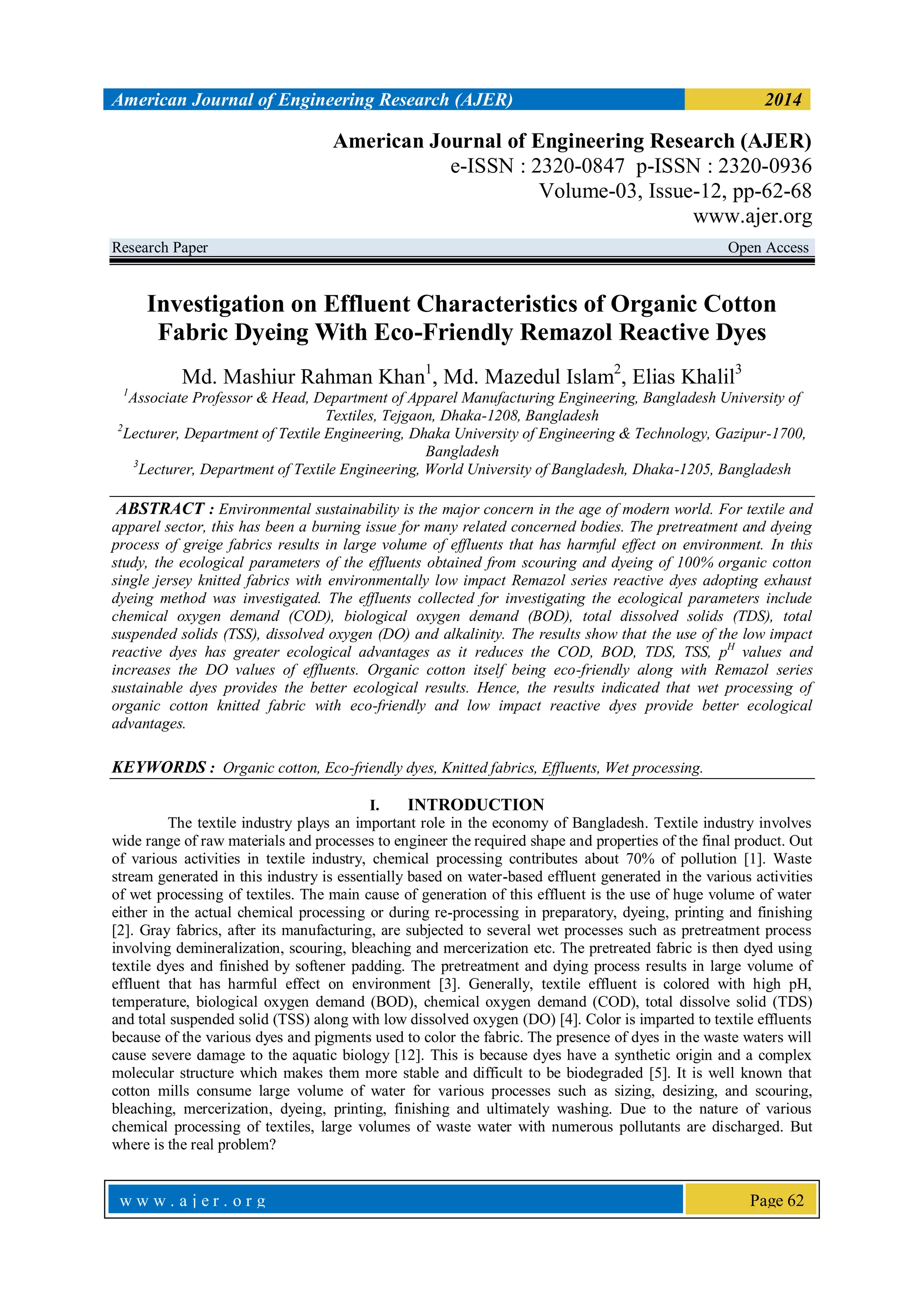 Investigation on effluent characteristics of organic cotton fabric dyeing with eco friendly ...
