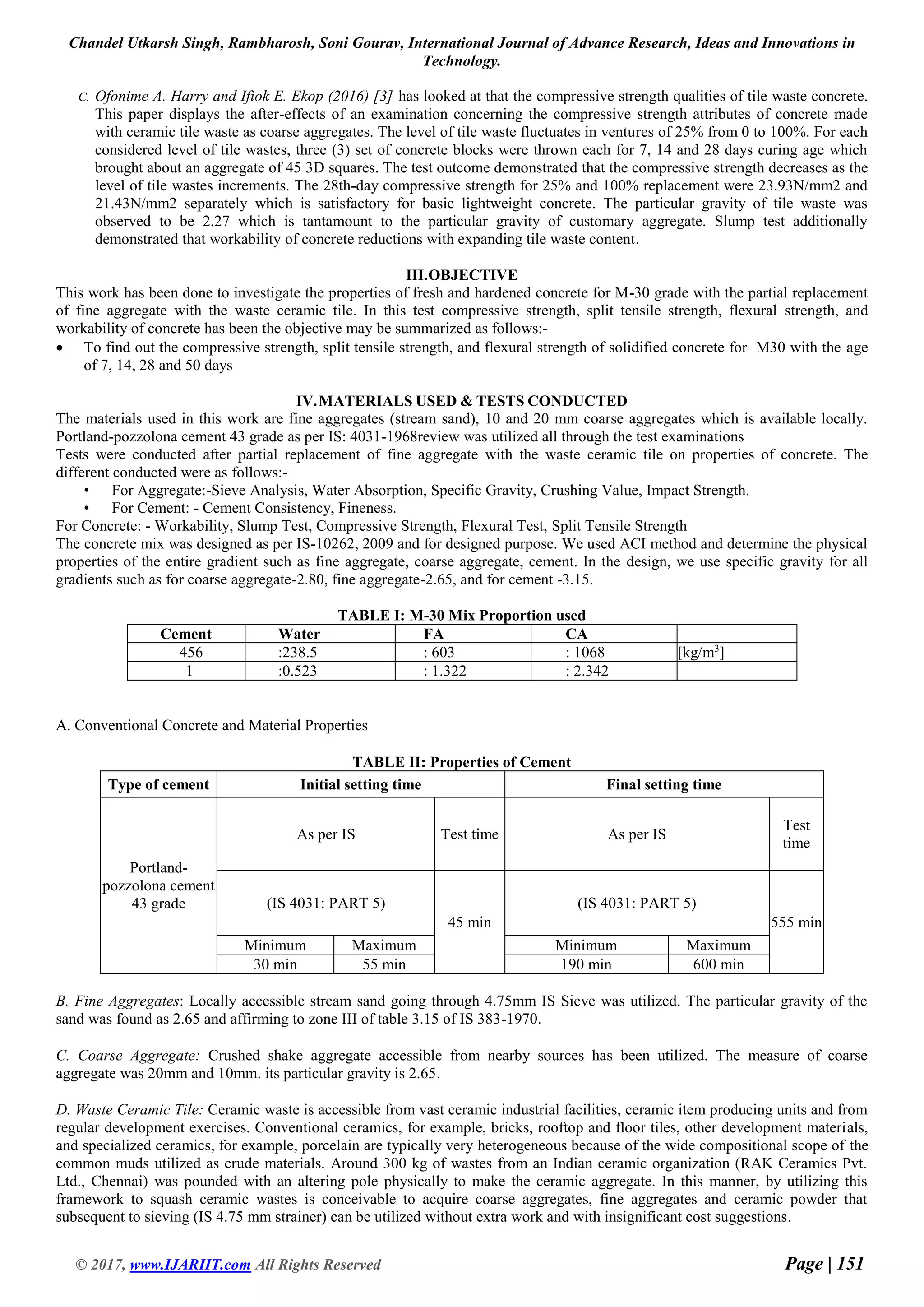 Investigation on fine aggregate by broken tiles in concrete | PDF