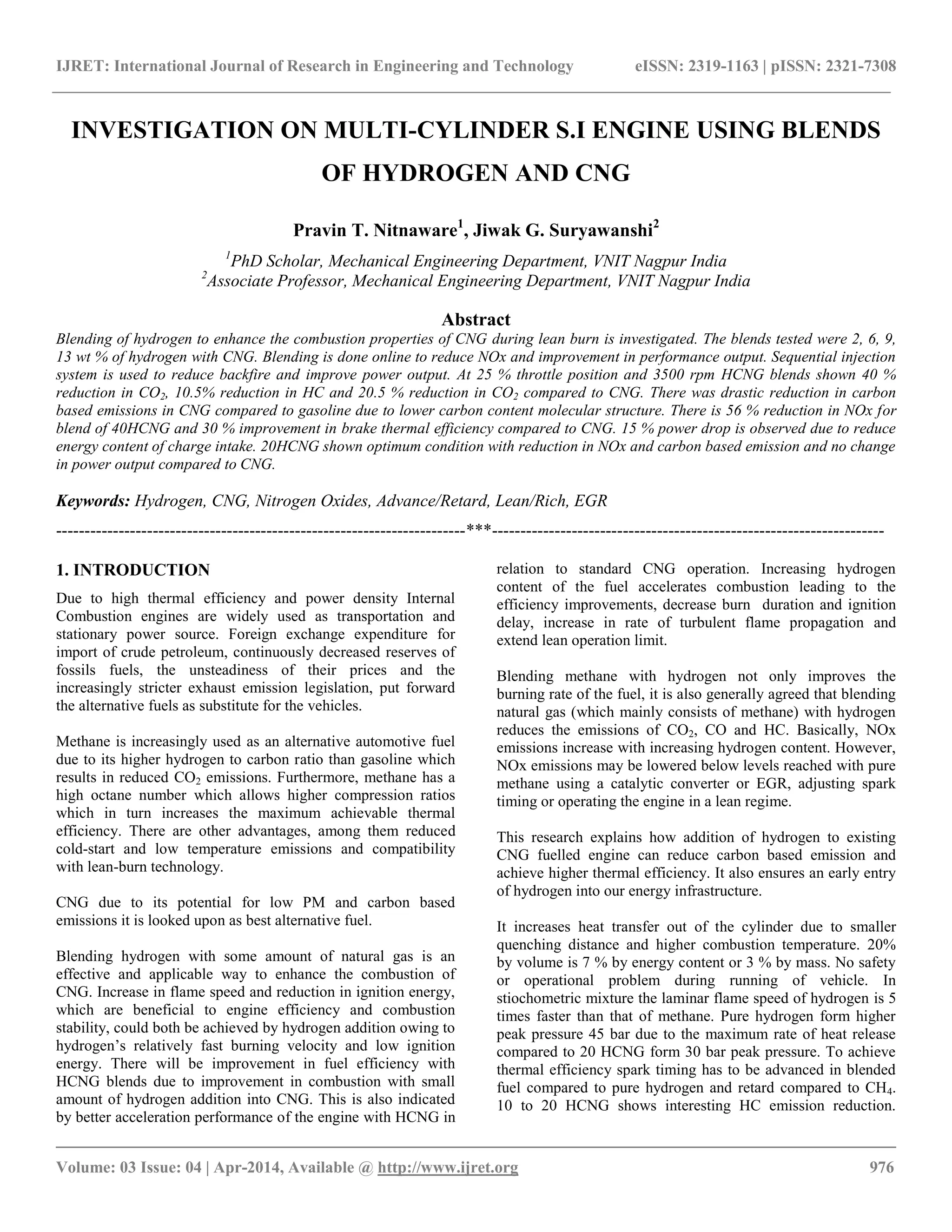 Investigation on multi cylinder s.i engine using blends of hydrogen and cng | PDF | Chemistry ...